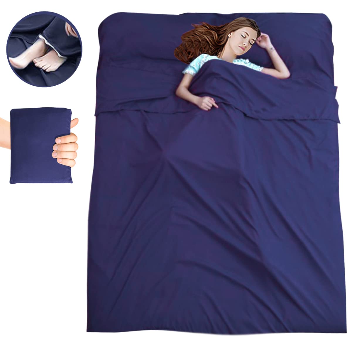 NIUXX Sleeping Bag Liner Camping Travel Bed Sheet with Zipper, Large Breathable Double Sleeping Sack for Backpacking, Hotel Hostels, Lightweight Bed Liner for Outside Travelling (Navy Blue)
