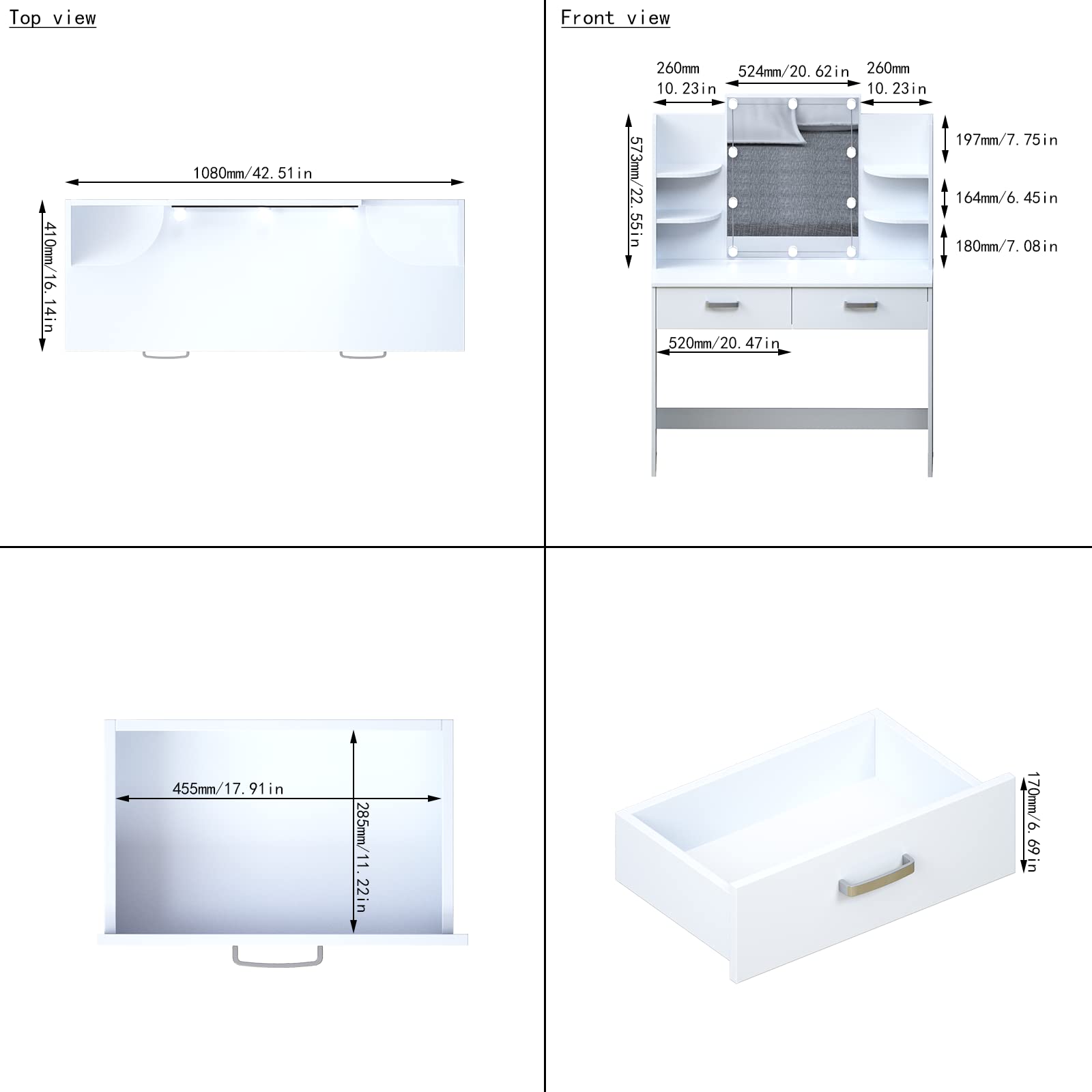 Large Vanity Set with 10 LED Light and Mirror, Makeup Table with Cushioned Stool, 6 Storage Shelves 2 Drawers, Dresser Desk for Women, Girls, Bedroom, White
