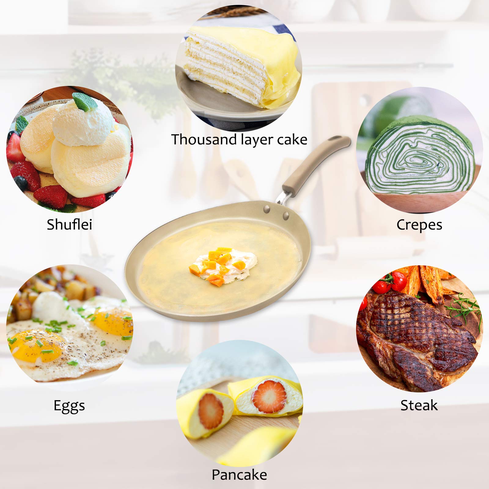 Soldadito Crepes Pancake Pans Nonstick Frying Pan Induction Omelette Skillet Carbon Steel Griddle Flat Pan Crepe Maker with Accessories for Pancakes Burritos Tacos Tortilla Omelette 8In