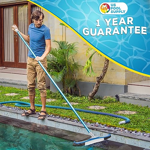 U.S. Pool Supply Professional Heavy Duty 20" Flexible Floor & Wall Pool Brush with Polished Aluminum EZ Clip Handle - Curved Ends, Durable Nylon Bristles - Sweep Debris from Walls, Floors, Steps