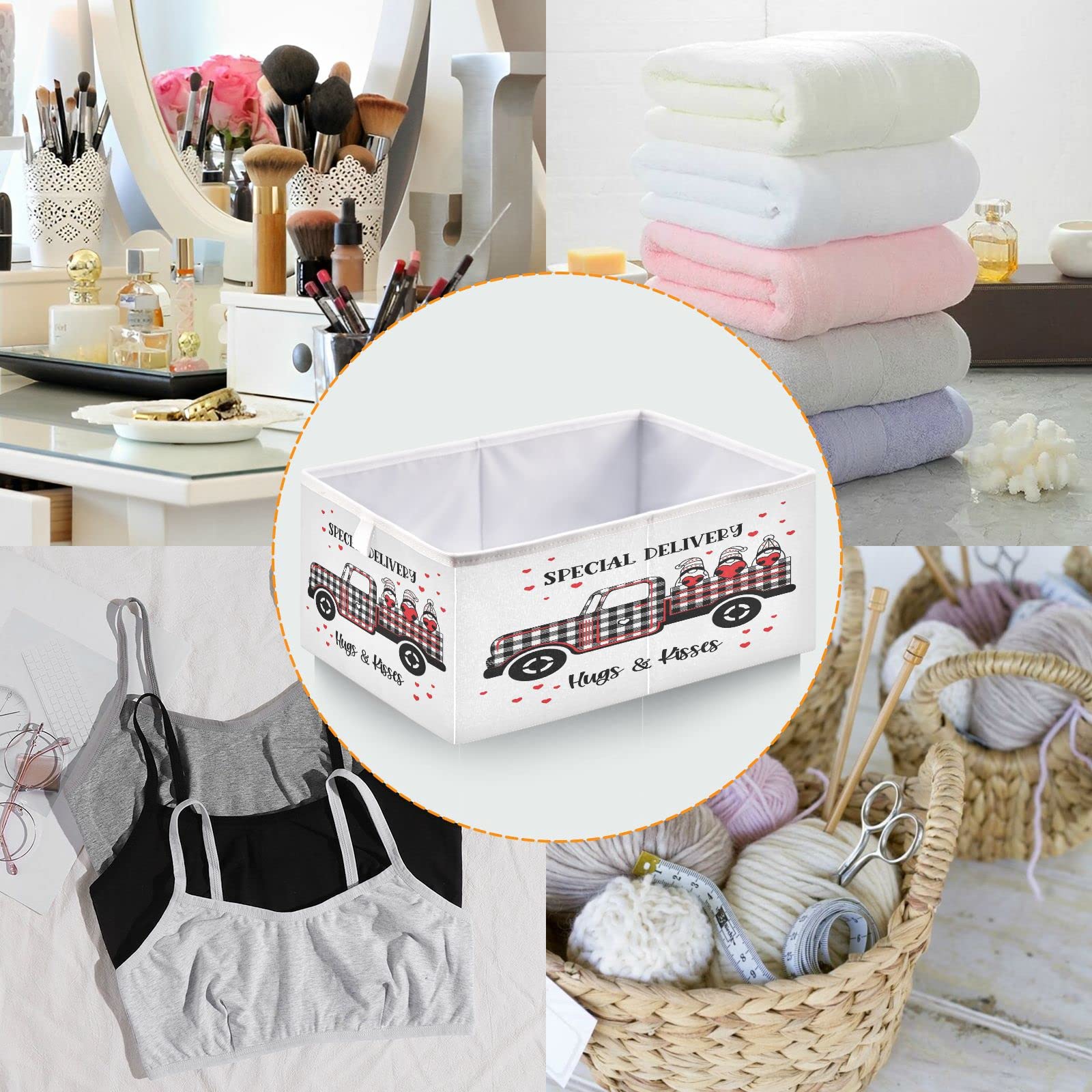 Yasala Storage Cube with Handle Plaid Valentine Gnomes Foldable Closet Baskets Toy Storage Bins Shelf Baskets Containers Open Laundry Baskets Nursery Baskets