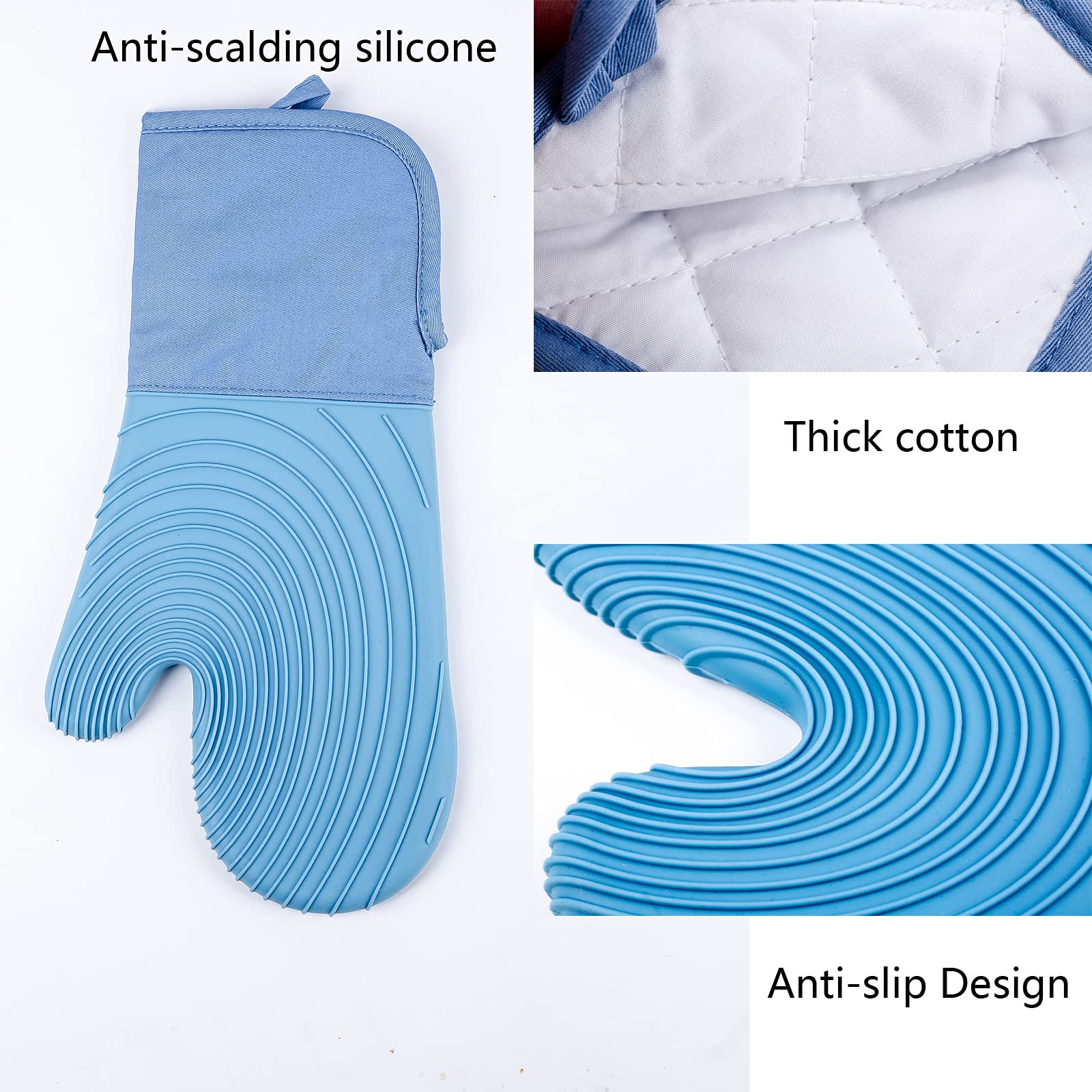 Oven Mitts with Extra Long Cuff and Comfort Lining,Oven Mitts with Quilted Liner, Heat Resistant Flexible Oven Mitt for Kitchen Baking Cooking,Machine Washable,1 Pair,13.5 Inch,Blue.