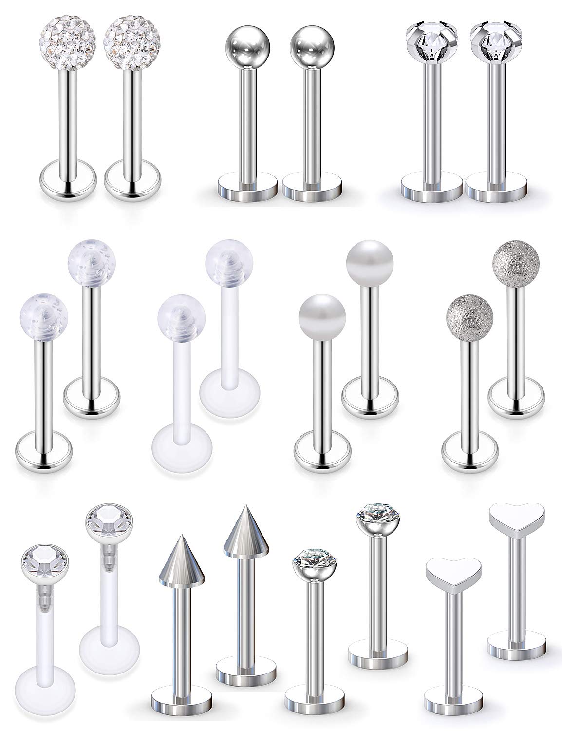 Lcolyoli 22Pcs 16G Forward Helix Cartilage Tragus Earring Studs Internal & External Threaded Labret Lip Monroe Ring Barbell Body Piercing Jewelry Retainer for Women Men Silver-tone 6mm