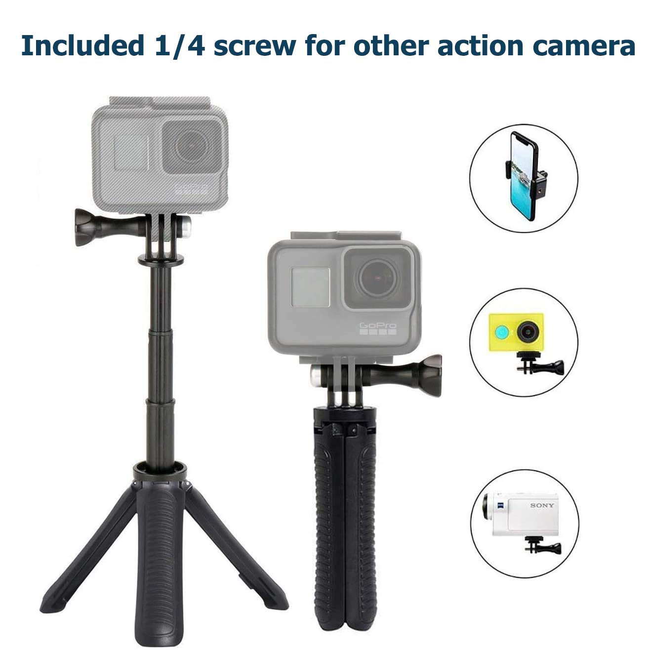 Mini Selfie Stick Tripod Kit 2-in-1, Compatible with GoPro AKASO Insta360 DJI Osmo Action Camera and Smartphones, 1/4 inch Screw Fixed, with 3-Level Telescopic Function Tripod(Black)
