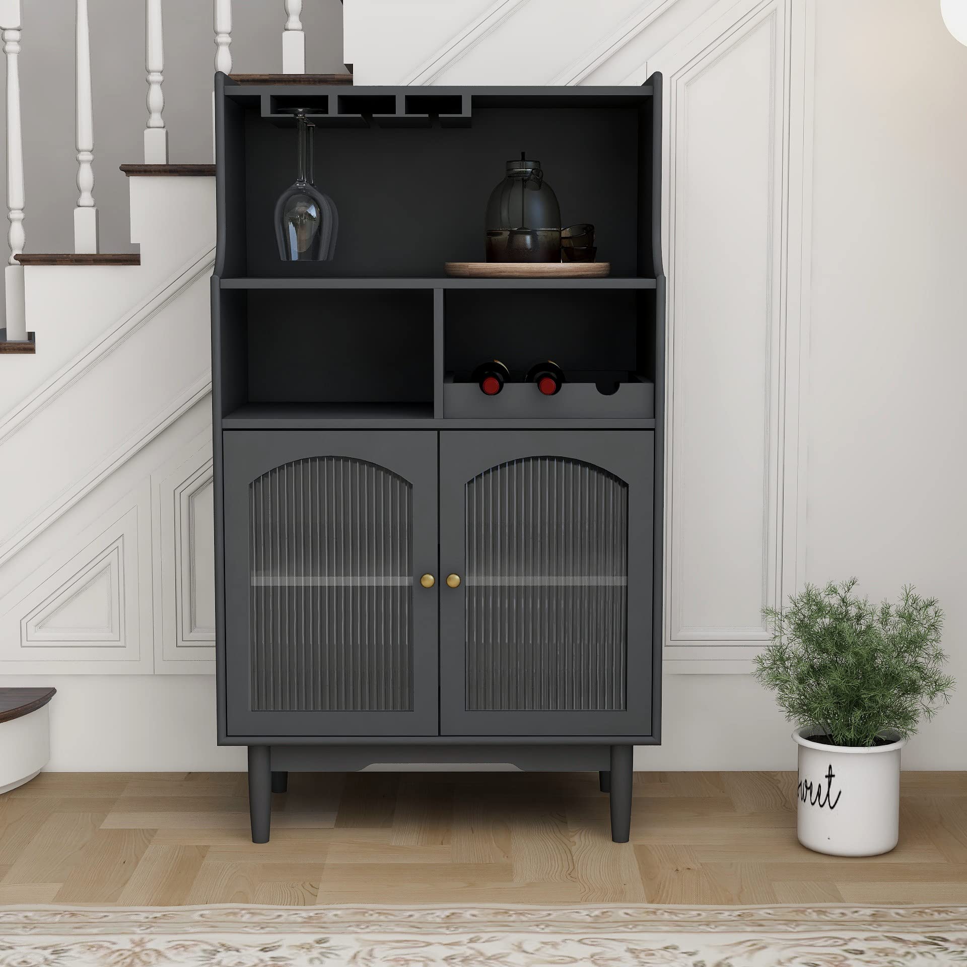Loscear Wine Liquor Cabinet Bar for Home with Removable Wine Rack and Storage, Dark Grey Wood Coffee Bar Cabinets for Home with Solid Wood Legs and Tempered Glass Doors, 27.56”×15.75”×50.39”