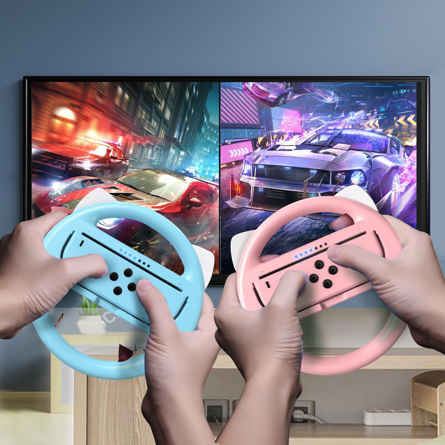 momen Switch Steering Wheel for Nintendo Switch Accessories,Racing Wheels for Mario Kart 8 Deluxe,Compatible with Switch JoyCon Controllers, 2 Pack,Blue & Pink