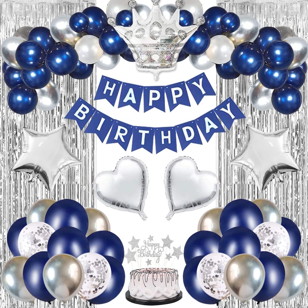 Navy Blue Silver Happy Birthday Party Decorations Set for Men Boys Women Girls, Banner, Crown Balloon, Fringe Curtains, Cake Topper for 13th 16th 18th 21st 25th 30th 40th 50th 60th 70th Party Supplies