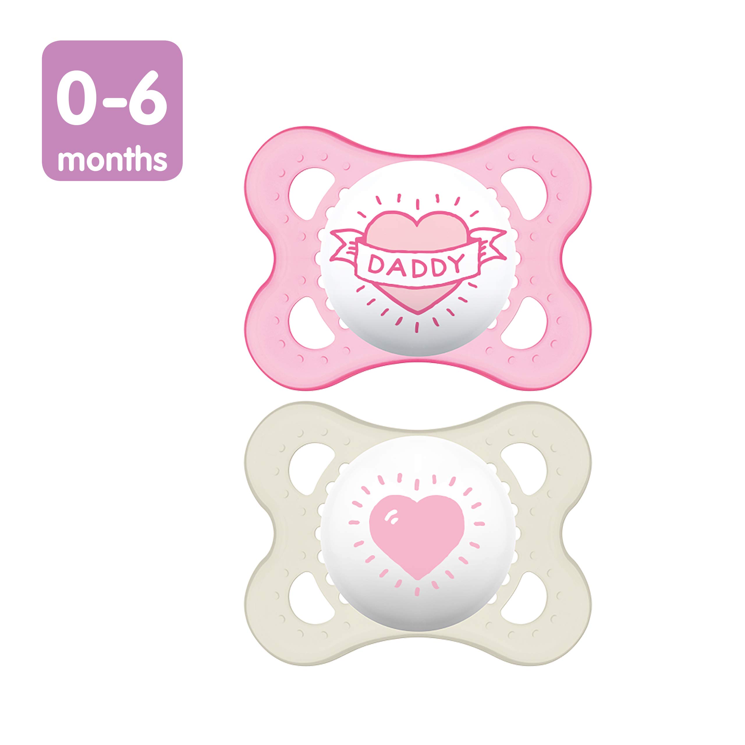 MAM Original Baby Pacifier, Nipple Shape Helps Promote Healthy Oral Development, Sterilizer Case, Love & Affection/Girl, 0-6 Months (Pack of 2)
