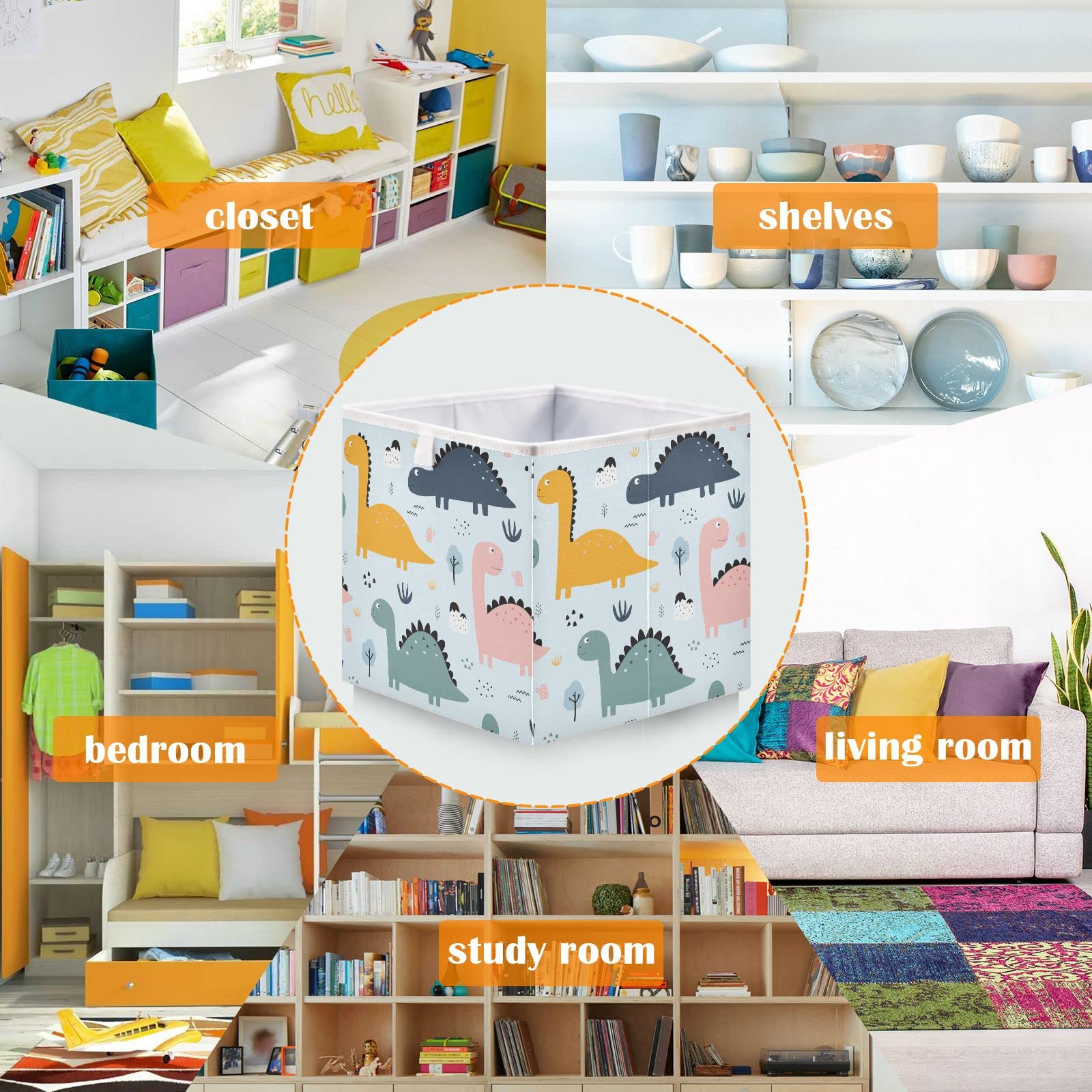 Yasala Storage Cube with Handle Cartoon Dinosaur Foldable Closet Baskets Toy Storage Bins Shelf Baskets Containers Open Laundry Baskets Nursery Baskets