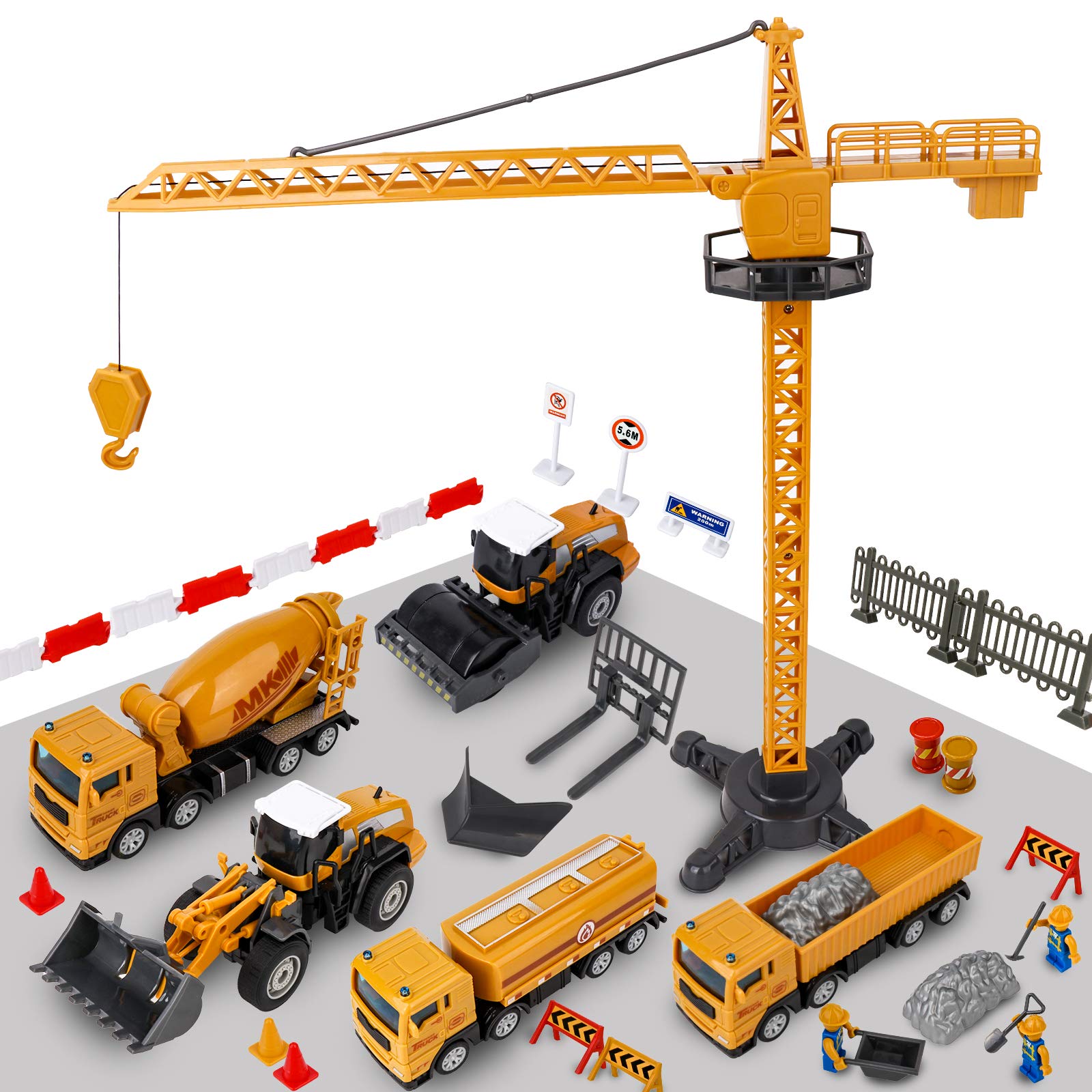 Meland Construction Vehicle Truck Toy Set - 64PCS Kids Engineering Truck Playset with Mat, Crane, Cement, Fuel Truck,Wheel Loader with 3 Interchangeable Parts,Birthday for Boys Toddlers