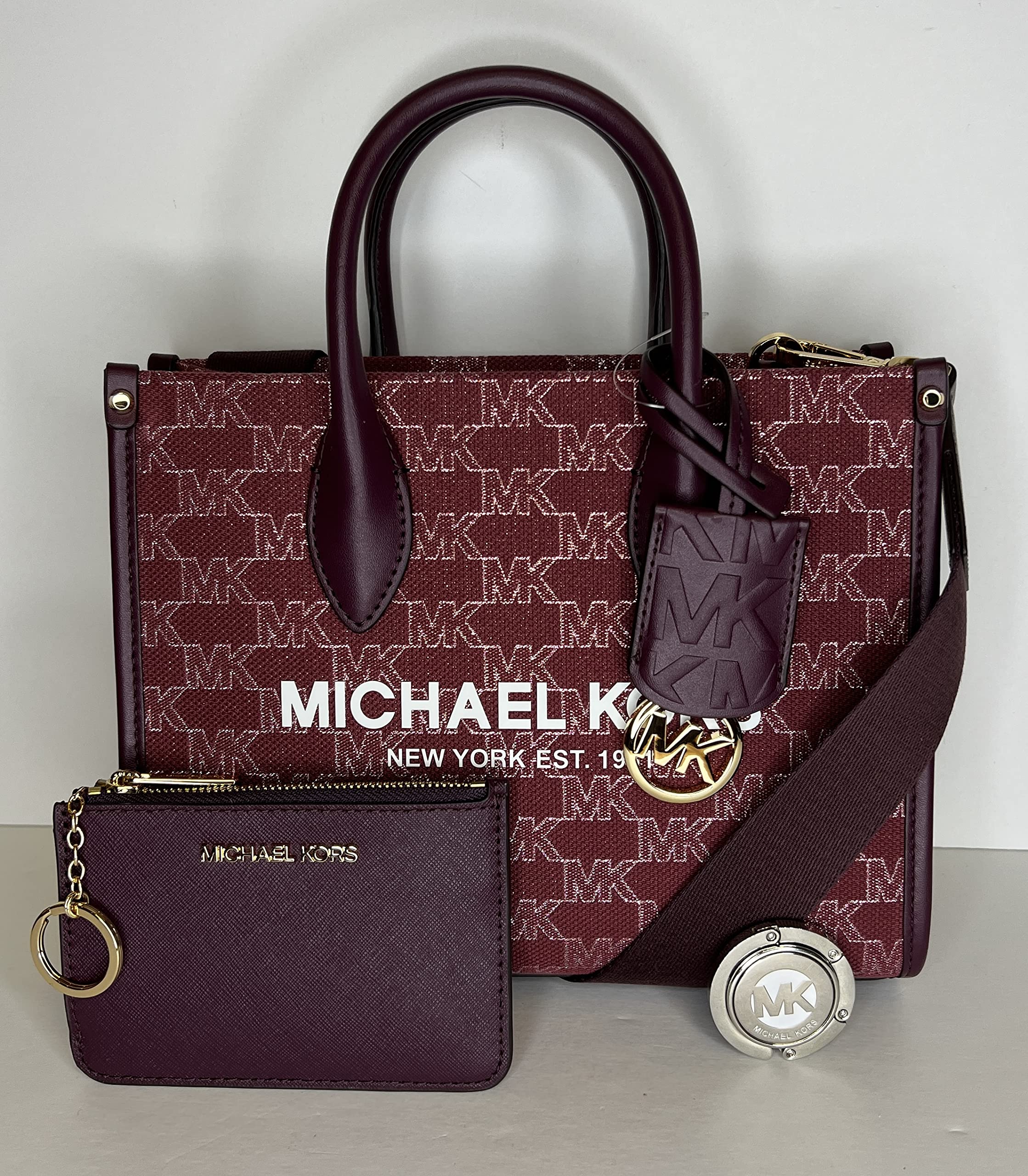 Michael Kors Mirella Small Shopper Top Zip Bag Bundled SM TZ Coinpouch Purse Hook (Mulberry Logo/Bordeaux)