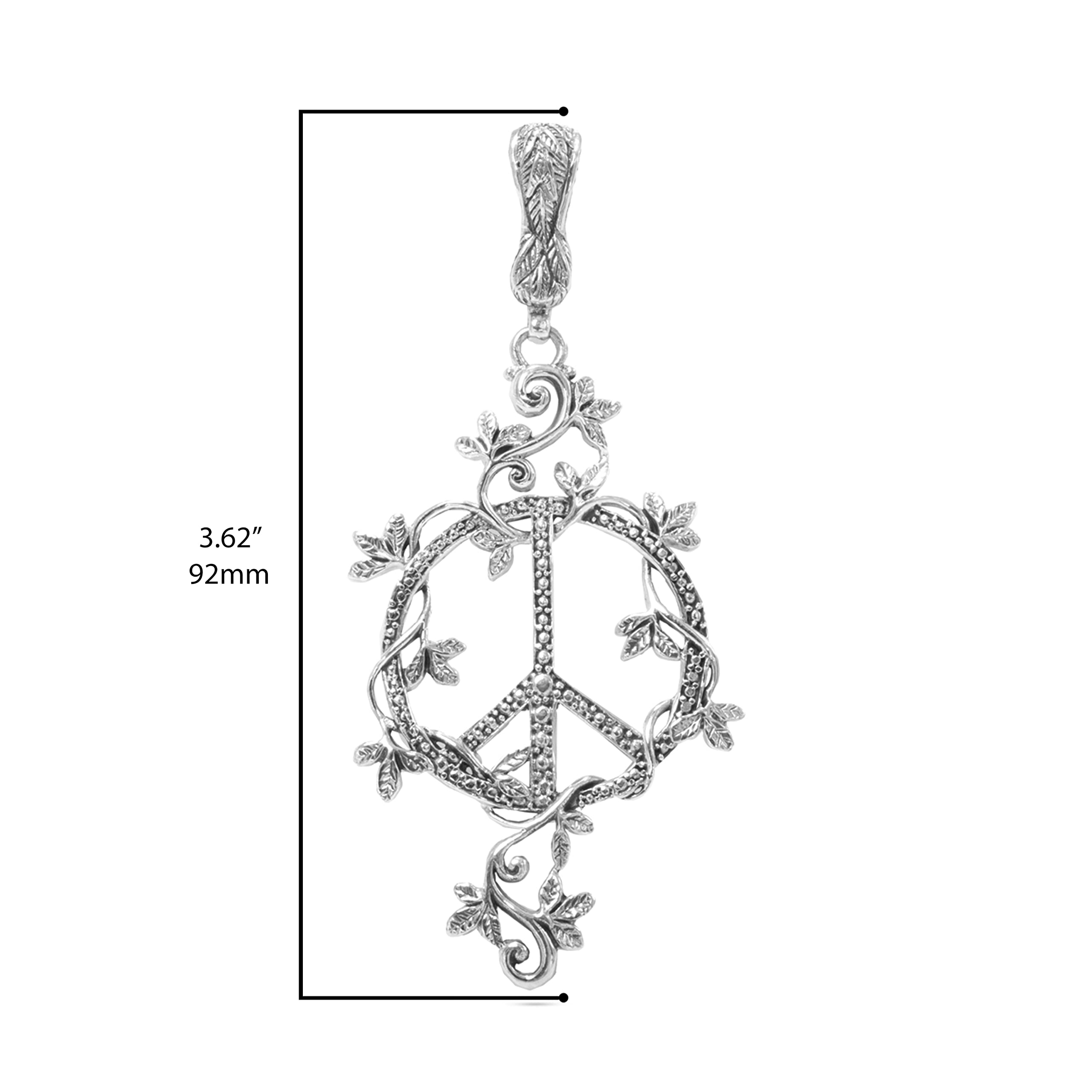 SARDA - .925 Sterling Silver Flat Jawan & Leaves Openwork Peace Promise 3-5/8" x 1-5/8" Enhancer Pendant - Handmade by Bali Artisans