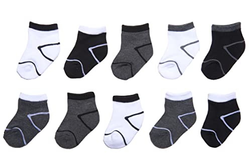 Nuby Infant Boys Basics 10-Pack Half Cushion Low Cut Baby Socks, Black/White/Grey, 6-12 Months