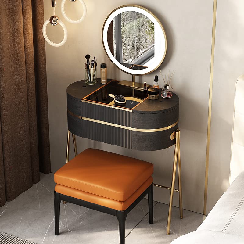 Lartis Makeup Vanity Table with Light, Black Dressing Table with Makeup Stool and Adjustable LED Mirror,Storage Dressing Small Vanity Desk with drawers, Smoky Black Vanity Table Set