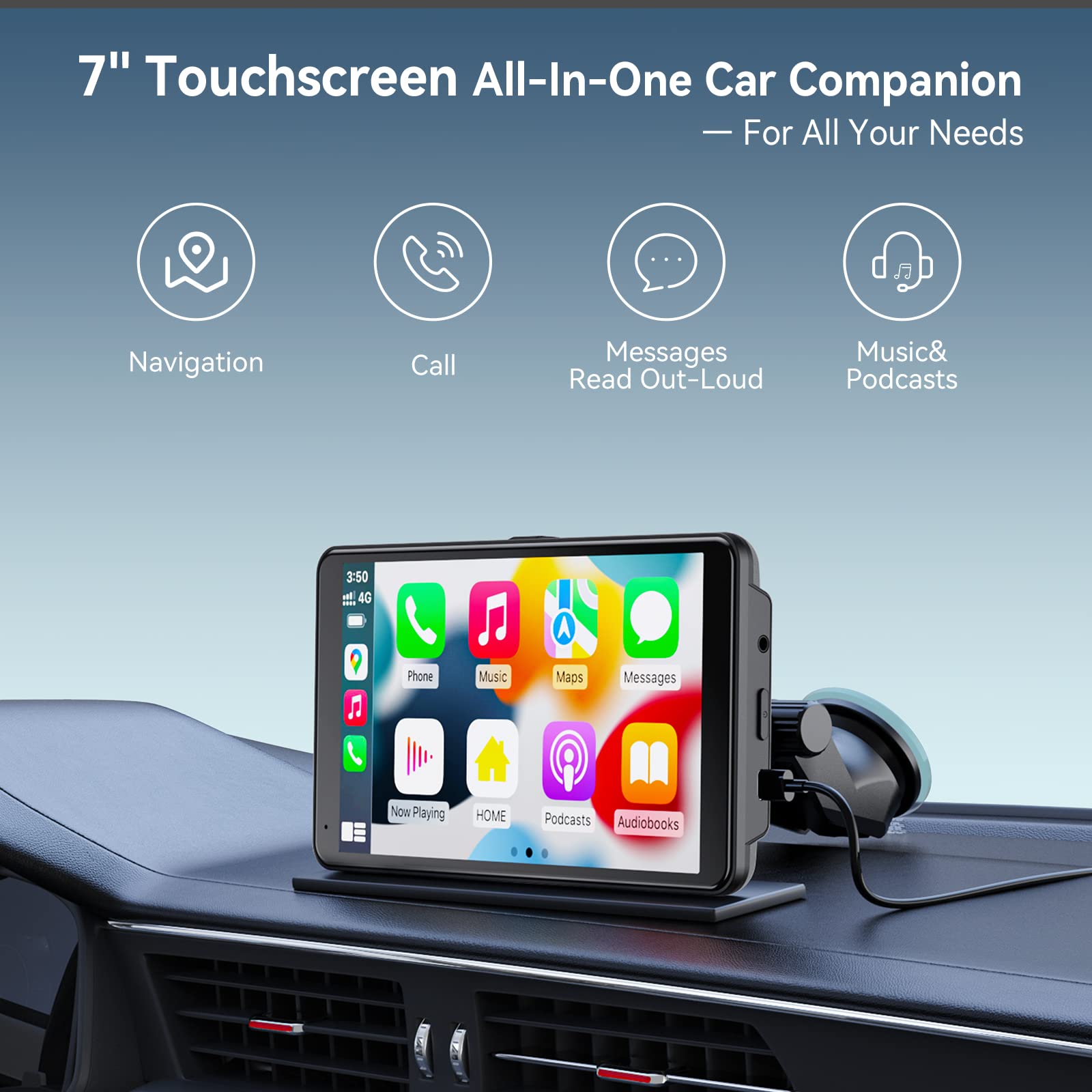 Spedal Portable Wired Car Stereo with Apple Carplay & Android Auto, 1080P Dash Cam with 7 Inch HD IPS Touchscreen, Voice Control, FM Transmitter, AUX/USB/32G TF Card, Supports Most Car Models