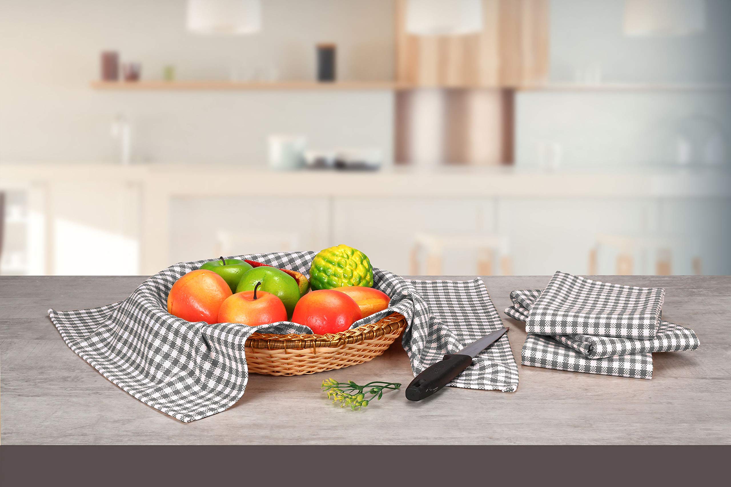 Native Fab 6 Pack Gingham Farmhouse Kitchen Dish Towels Cotton Absorbent Durable Washable 15x25 - Tea Towels, Dish Cloths, Restaurant Cleaning Towels, Kitchen Towels with Hanging Loop, Grey White