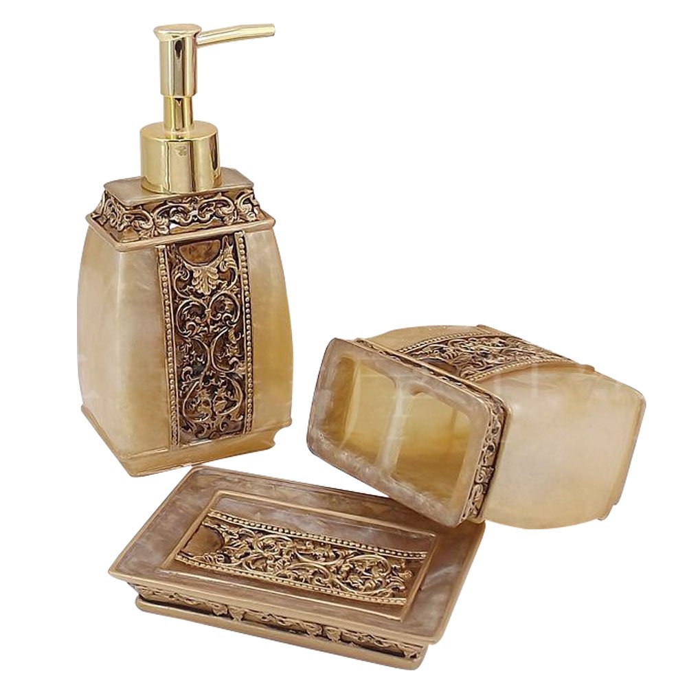 LUANT 5 Piece Bathroom Accessories Set, Collection Bath Set Features Soap Dispenser, Toothbrush Holder, Tumbler, & Soap (Golden