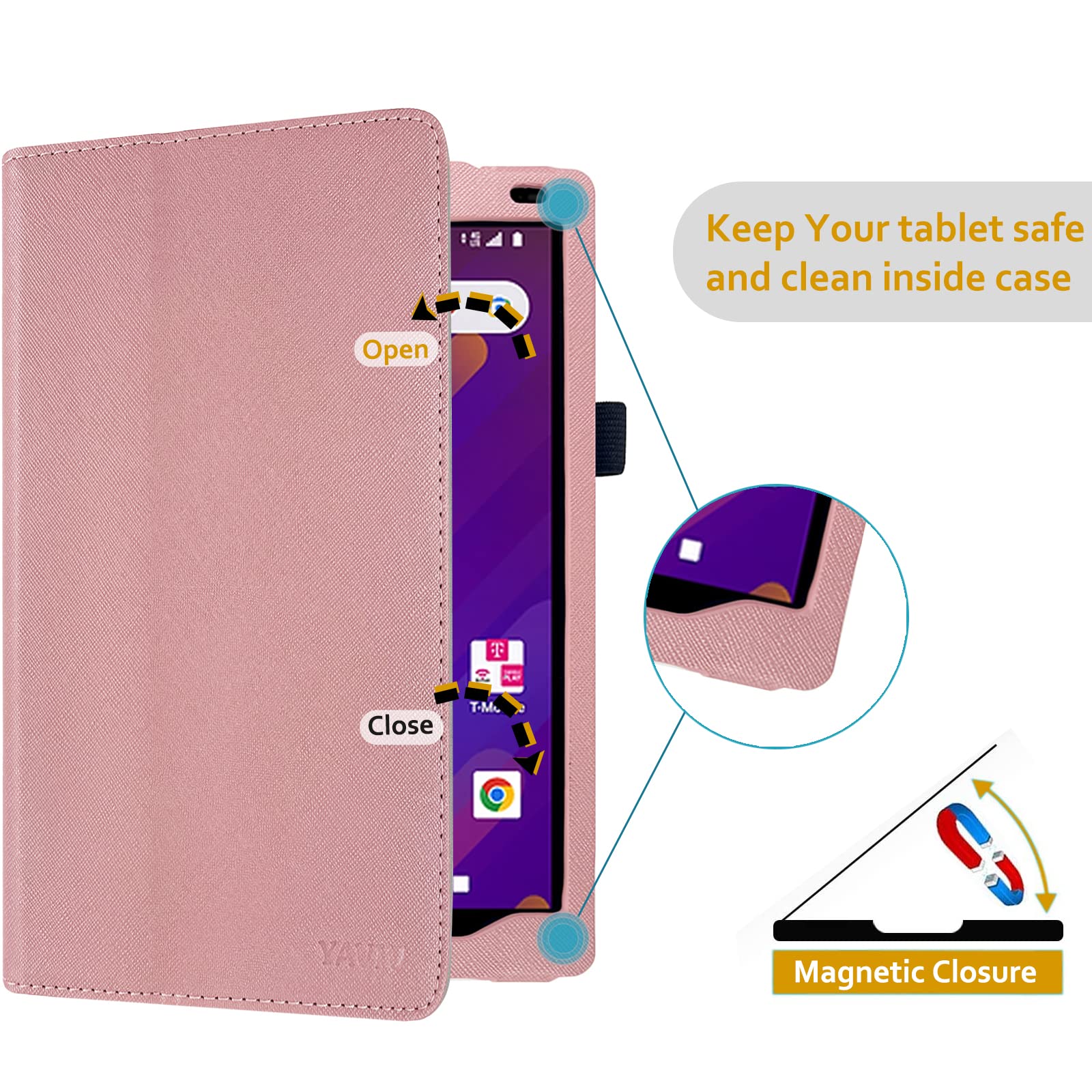 YAVIV Case for Moxee Tablet 2 8 Inch (Model: MT-T8B22) 2022 Release, Premium PU Leather Cover with Auto Sleep Wake, Hand Strap (AA-Rose Golld)