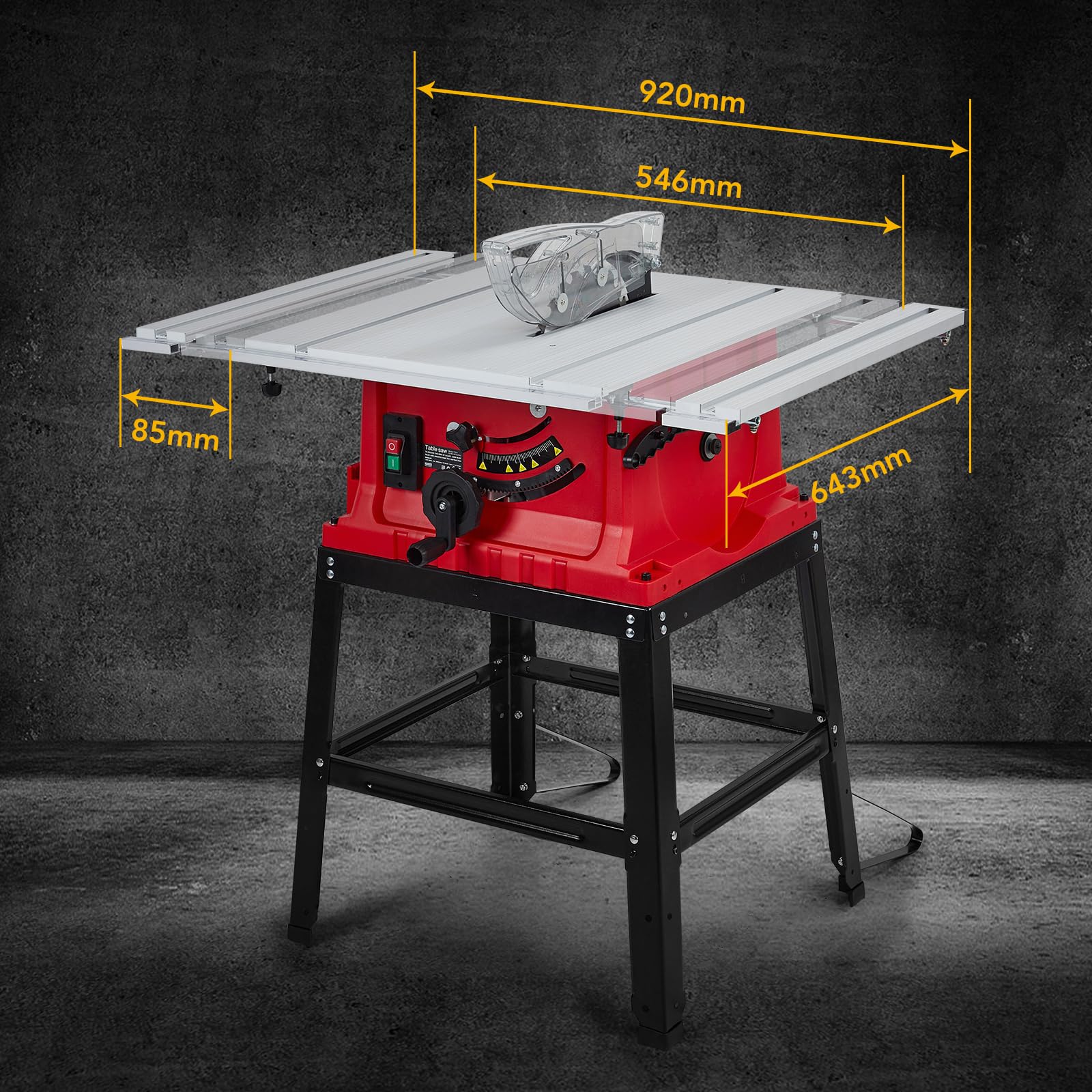 Table Saw, 10 Inch 15A Multifunctional Saw with Stand & Push Stick, 90° Cross Cut & 0-45° Bevel Cut, 5000RPM, Adjustable Blade Height for Woodworking