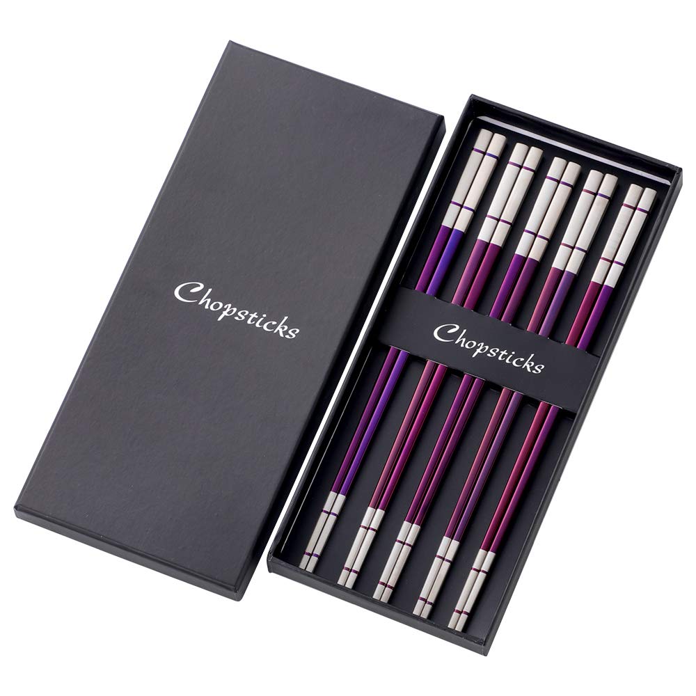 QOBIMOON 5 Pairs Metal Stainless Steel Chopsticks Stainless Steel Chopsticks Series-Multicolor Metal Chop Stick Utensils Sushi Chopstick Dishwasher Safe Lightweight-Purple
