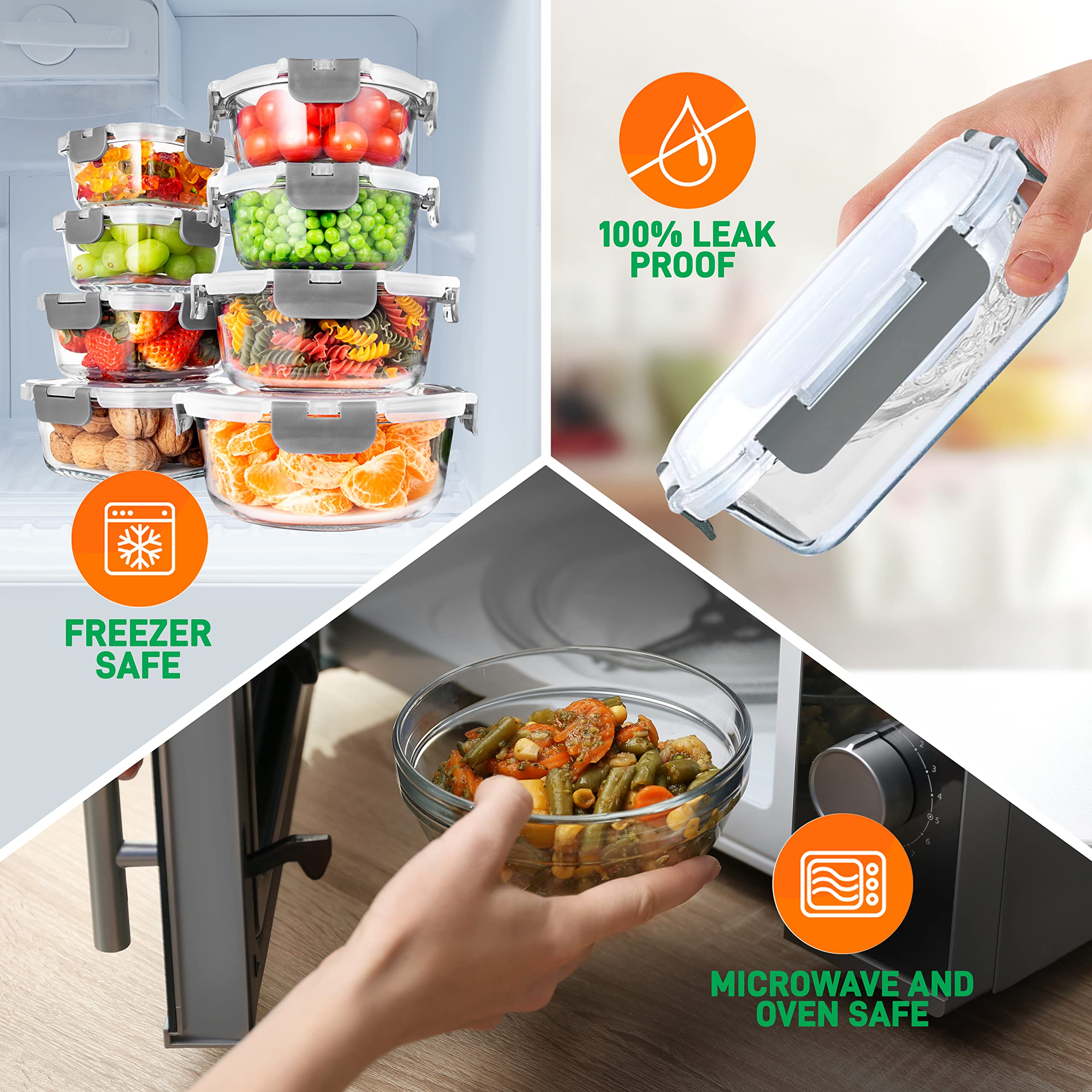SereneLife 24-Piece Food Glass Storage Containers - Superior Glass Food Storage Set, Stackable Design with Newly Innovated Hinged Locking lids, 11 To 35 Oz. Capacity, Gray - SLGL24GY