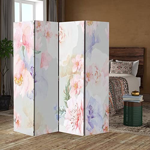 Wood Screen Room Divider Rose Seamless with Watercolor on Pastel Designed for Fabric Luxurious Folding Screen Canvas Privacy Partition Panels Dual-Sided Wall Divider Indoor Display Shelves 4 Panels