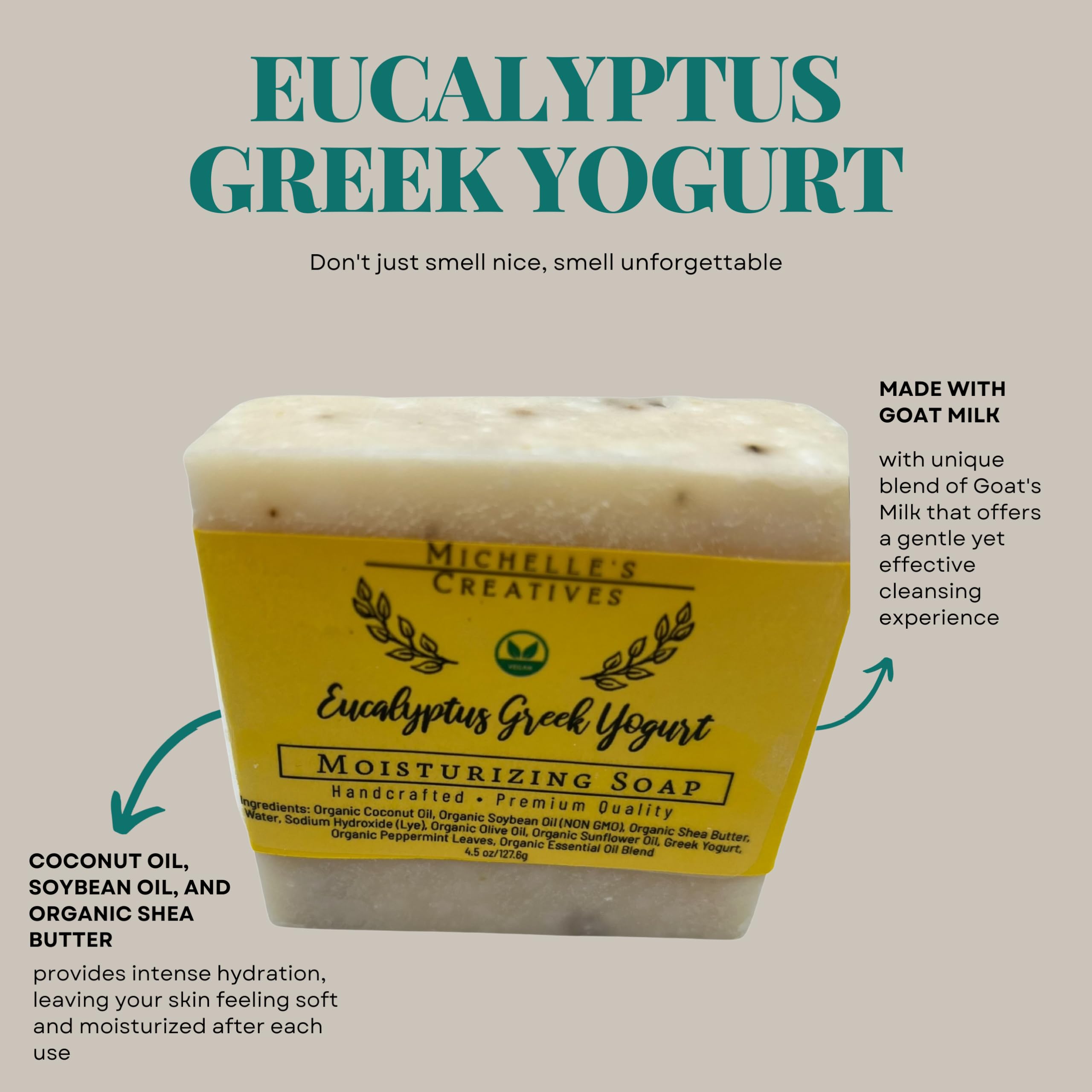 Michelle's Creatives Eucalyptus Greek Yogurt Soap Bar - Handmade Bath Soaps made With Organic Greek Yogurt - Natural Moisturizing Soap Bar - Vegan and Luxury Soap for Sensitive Skin
