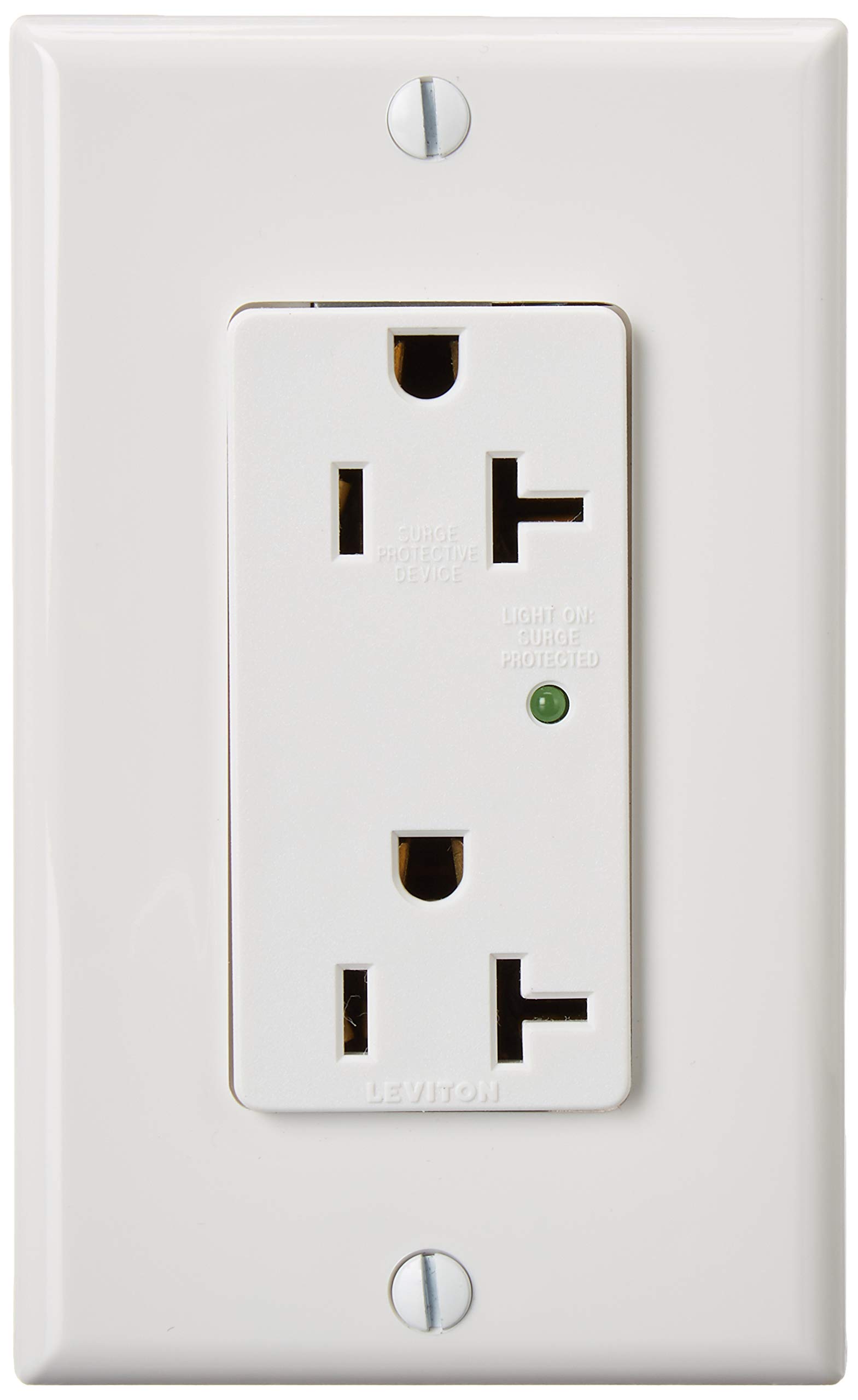 Leviton 5380-W 20 Amp, 125 Volt, Decora Plus Duplex Receptacle, Straight Blade, Industrial Grade, Surge w/ Indicator Light, White