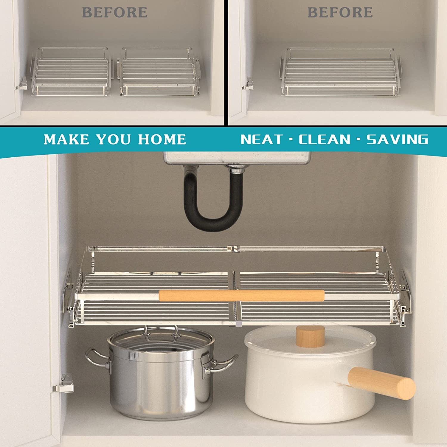 MIYUPTC Expandable Sliding Basket, Pull-Out Cabinet Organizer, Heavy Duty Slide Out Pantry Shelves Sliding Drawer Storage for Kitchen, Under Sink, Wardrobe, 2 Pack Chrome 16.6''-27.8''W x 22''D