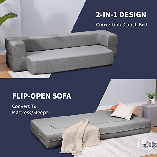 ZAFLY Twin Folding Sofa Couch Bed,8.6" Flip Out Sofa Bed,Convertible Sleeper Sofa Bed,Comfy Floor Couch Bed,Futon Sofa Bed Memory Foam Mattress,Linen Fabric Small Couches for Small Spaces,Light Grey