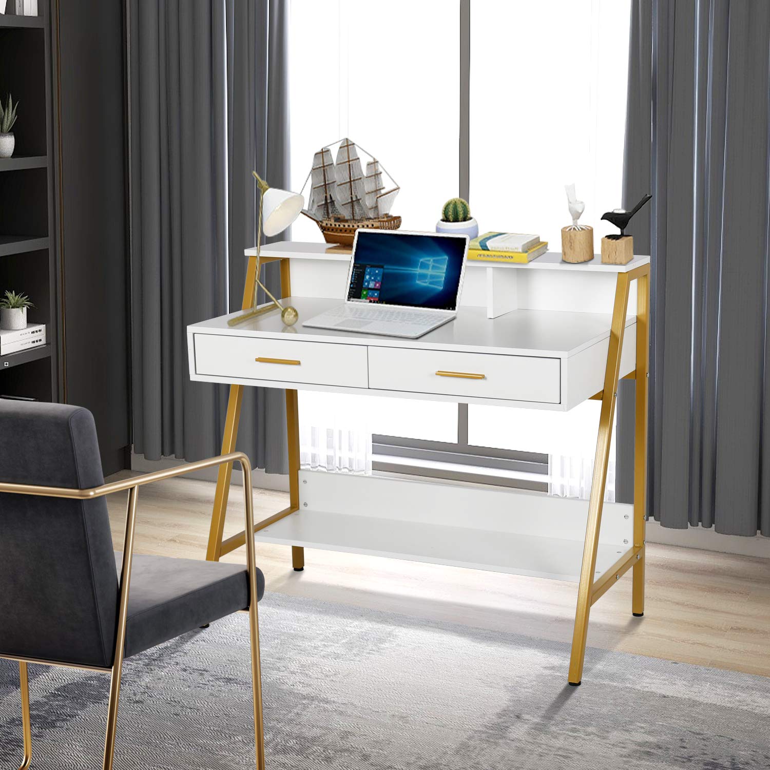 Modern Writing Desk with Hutch - 39β x 19β Workstation Computer Work Study Table for Home Office Furniture Vanity Make Up Desk, 3 Tier Storage Shelf and 2 Drawers (White/Gold)