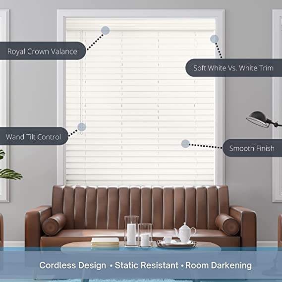 LOTUS & WINDOWARE Cordless 2" Faux Wood Blind 46" Wide x 36" Long, Soft White, Smooth (FCX4636WH) - 46 x 36,Soft White