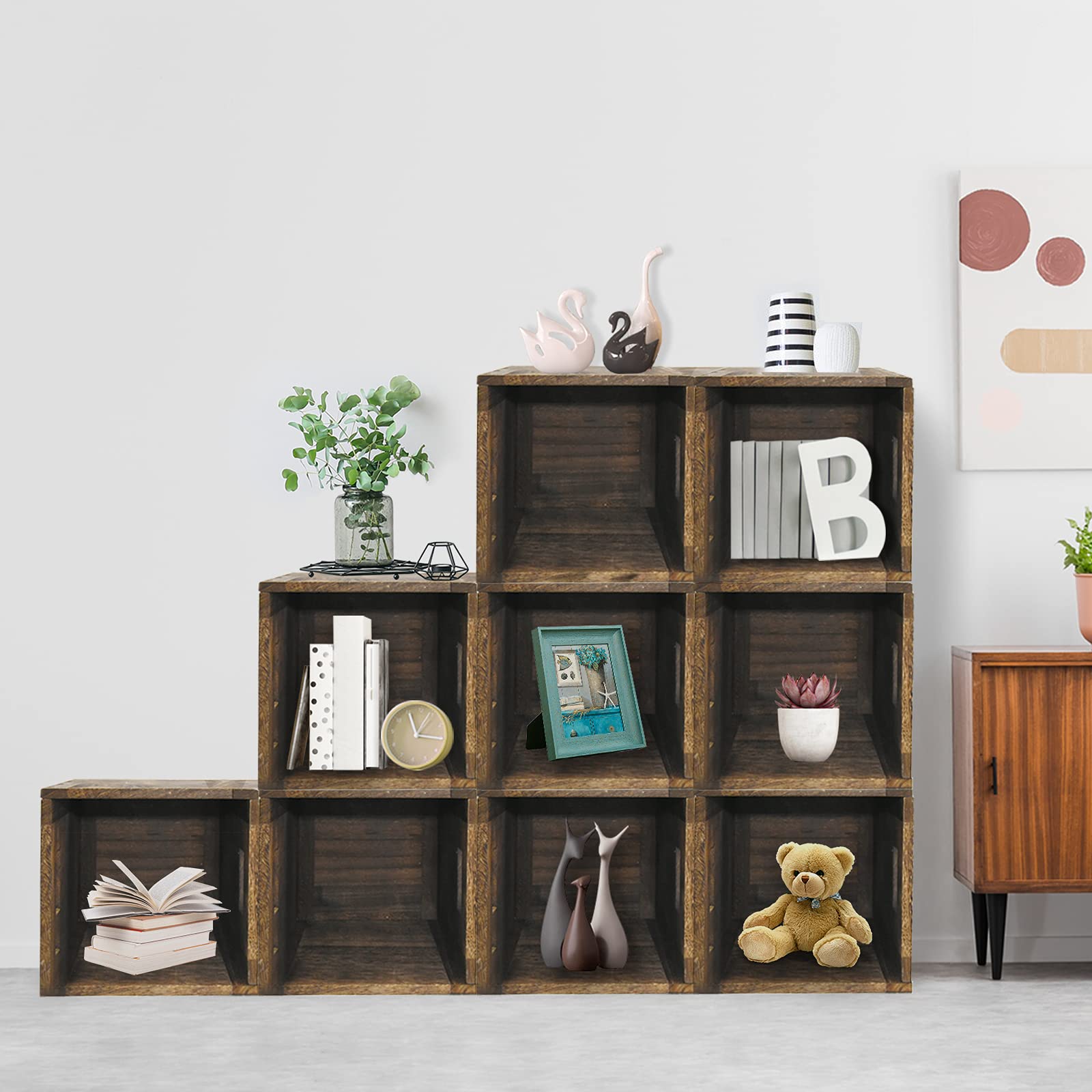 NC Luneodoki Wooden Decorative Storage Cube Boxes with Handles, 11β x Large Baskets For Shelves, Stackable Containers Organizing Bins Toy, Clothes, Books, Office, Rustic Brown