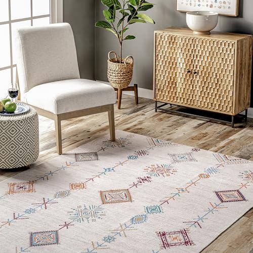nuLOOM Kiya Machine Washable Moroccan Tribal Geometric Ultra Thin Area Rug, 6' x 9', Light Grey