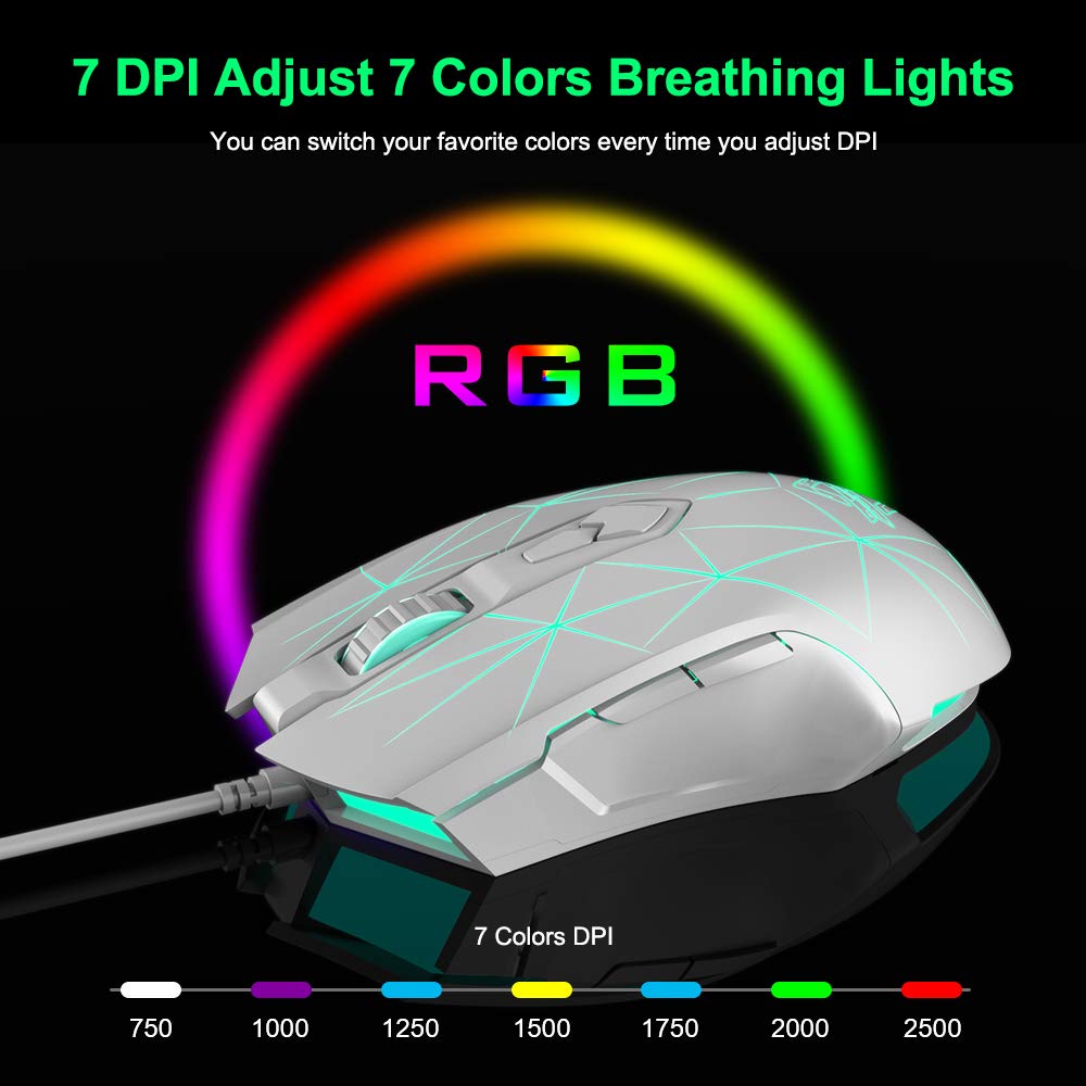 NACODEX AJ52 Gaming Mouse Wired, Programmable 7 Buttons, Computer Mute Mice with Crack Pattern LED Backlit, 2500 DPI Adjustable for Laptop PC Computer Games Or Work