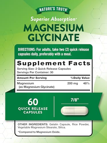 Magnesium Glycinate Capsules | 200mg | 60 Count | Chelated Superior Absorption Formula | Non-GMO & Gluten Free Supplement | by Nature's Truth