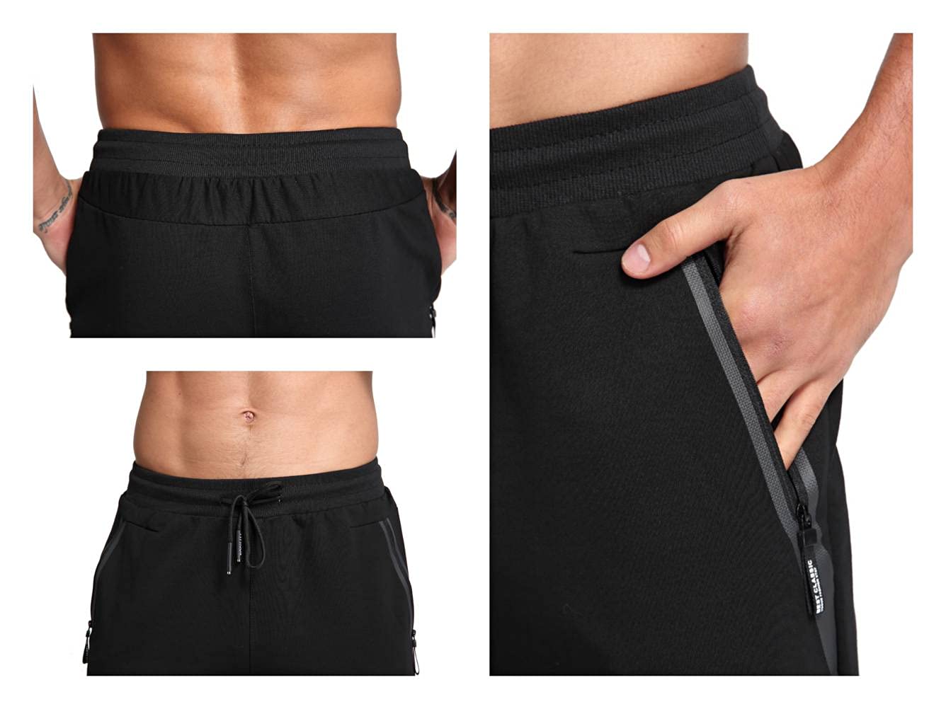 STICKON Mens Casual Joggers Sweatpants Closed Bottom Athletic Track Pants Winter Lounge Sweat Black Pants for Men with Zipper Pockets