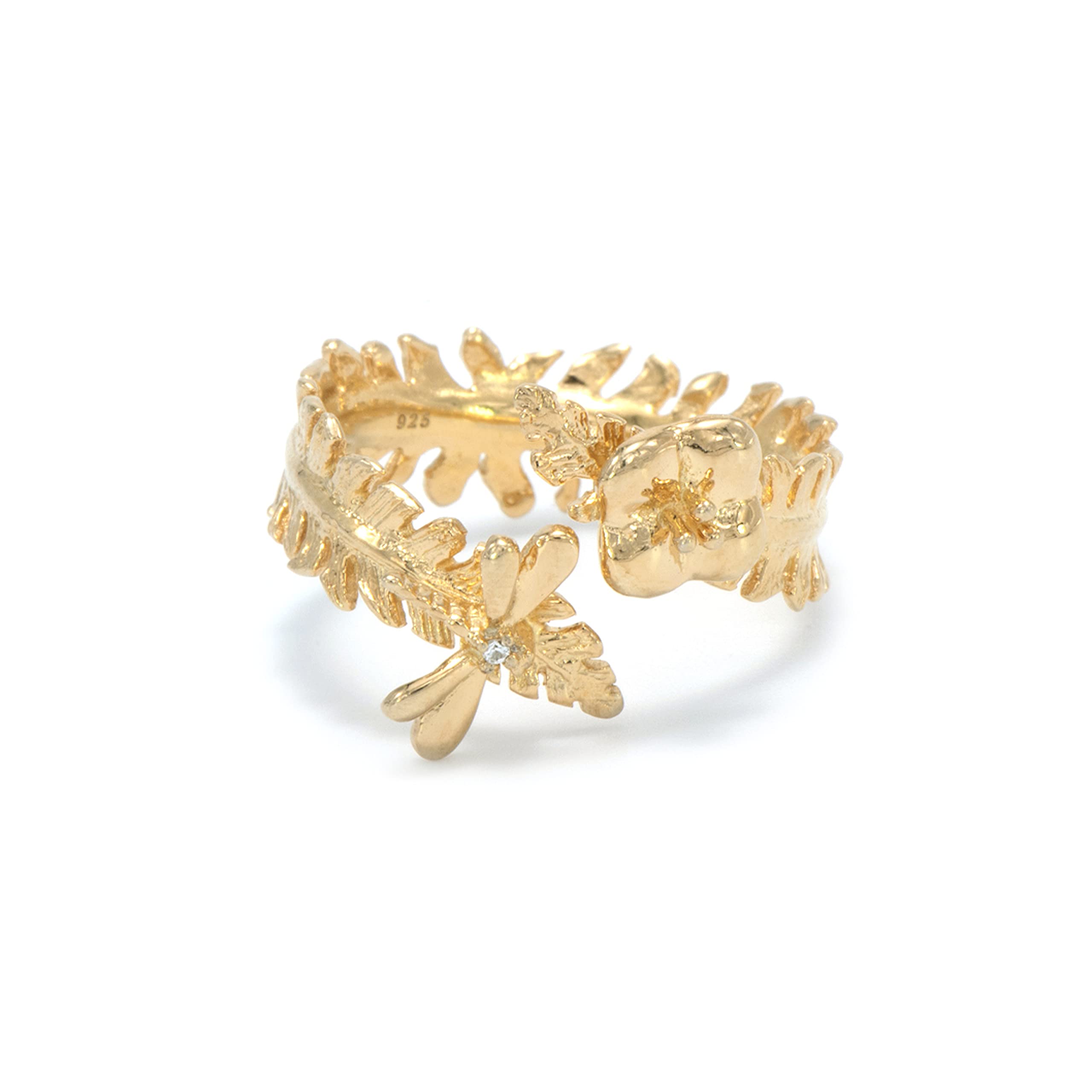 New Beginnings by Janyl Adair - Yellow Gold Plated .925 Sterling Silver White Zircon Flower & Dragonfly 1/5" Bypass Statement Ring - Size 8