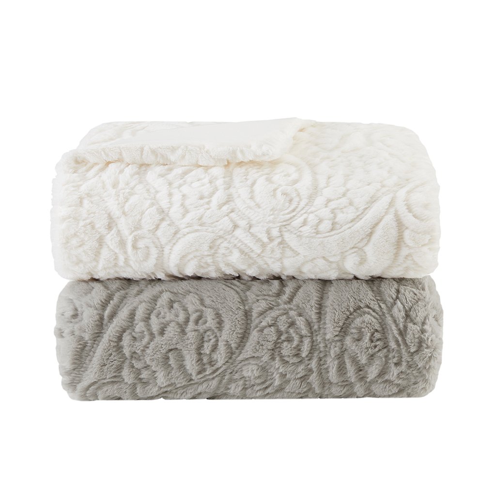 Madison Park Norfolk Luxury Ultra Plush Down Alternative Throw Ivory 50x60 Paisley Premium Soft Cozy Long Fur For Bed, Couch or Sofa