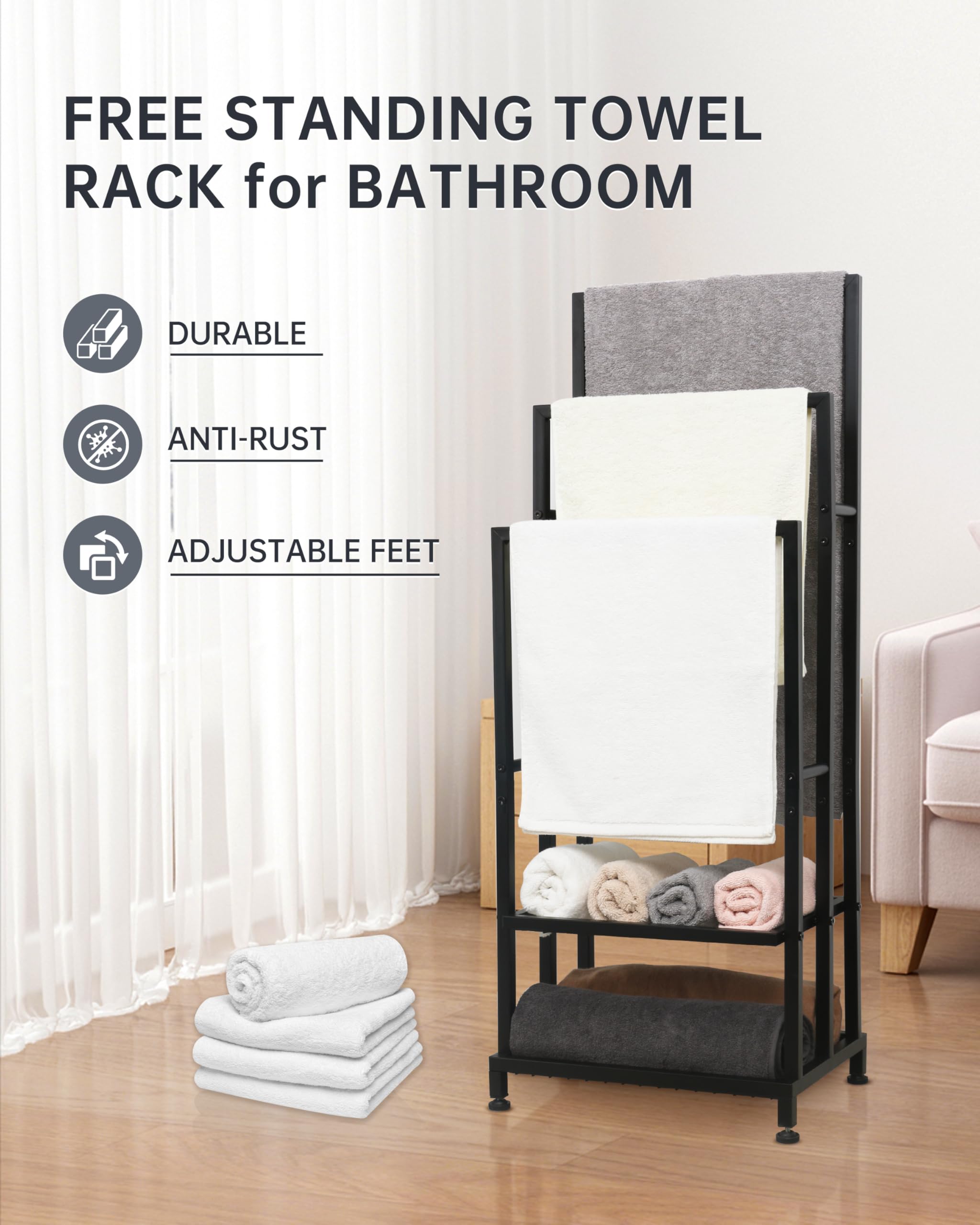 ZOES HOMEWARE 41" H Free Standing Towel Rack for Bathroom | 3 Tier Blanket Rack with 2 Storage Shelves | Anti-Rust Stand Towel Rack for Outdoor,Bathroom,Bath&Pool | Black, 41"x16"x12"