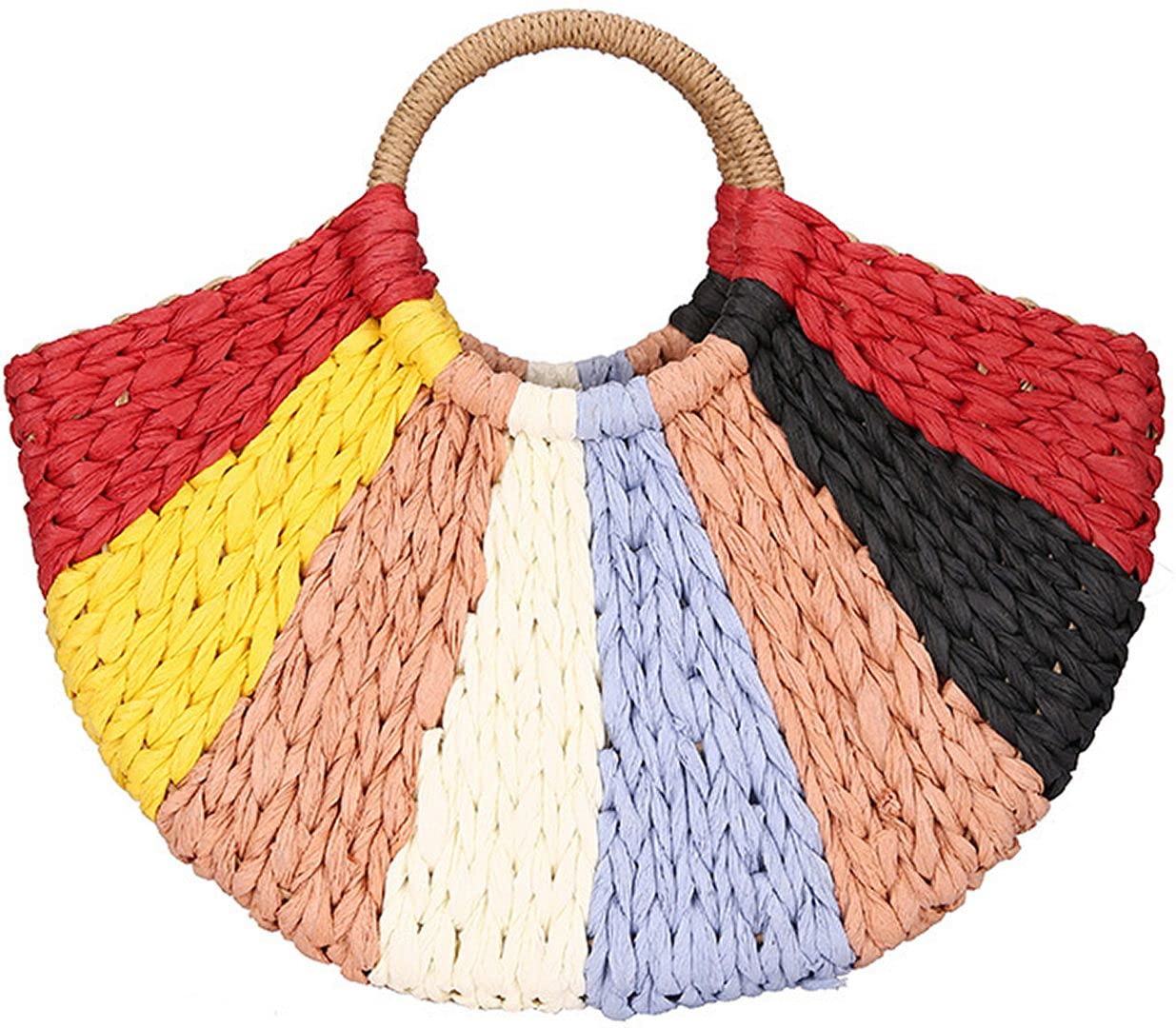 QZUnique Straw Rainbow Handbags Women’s Cotton Crochet Hand-Woven Tote Bag Top Handle Casual Shoulder Messenger Portable Bag