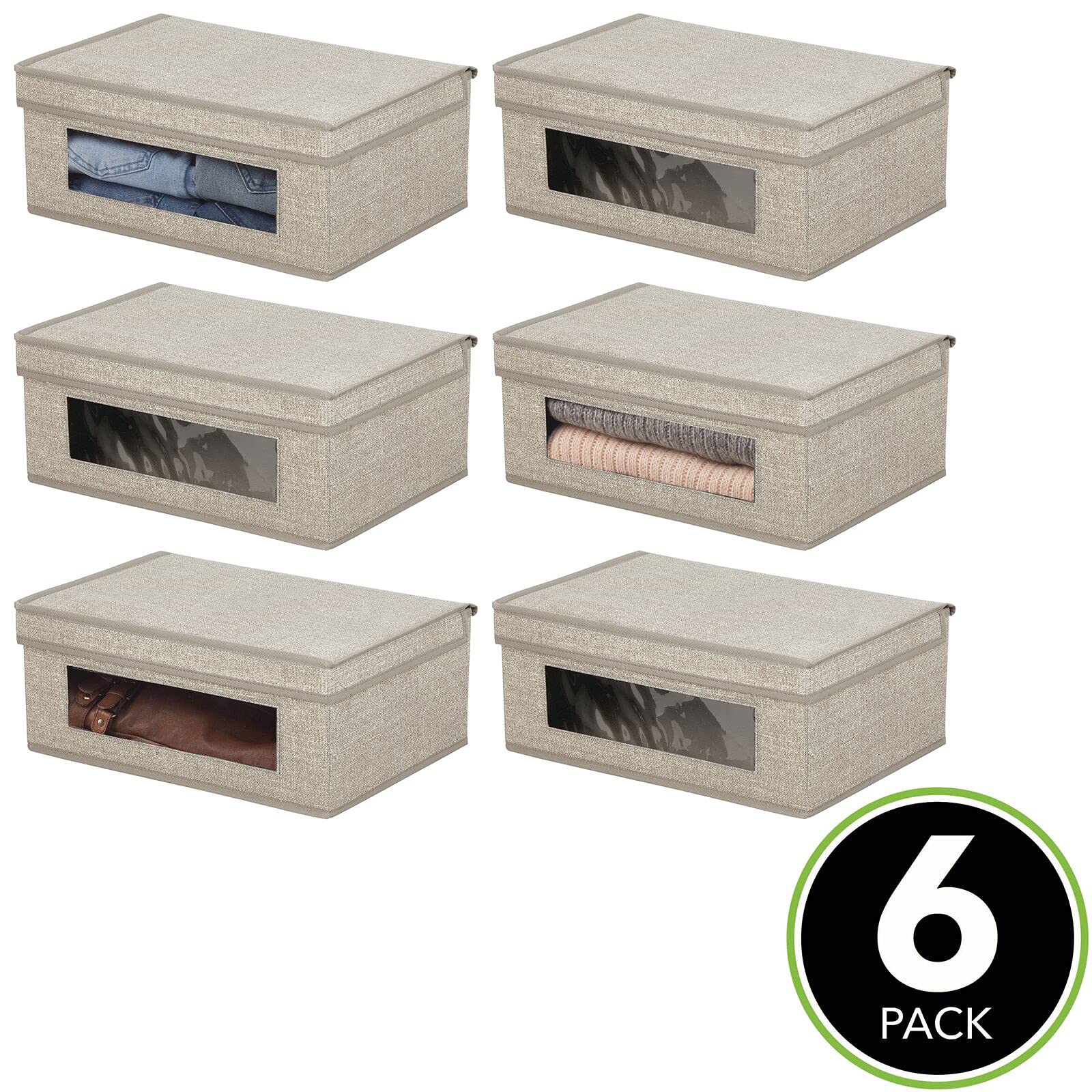 mDesign Fabric Stackable Slim Shelf Storage Organizer Box with Window/Attached Lid for Organizing Bedroom Closet - Holds Purses, Linens, Accessories - Lido Collection - 6 Pack, Cream/Espresso Brown