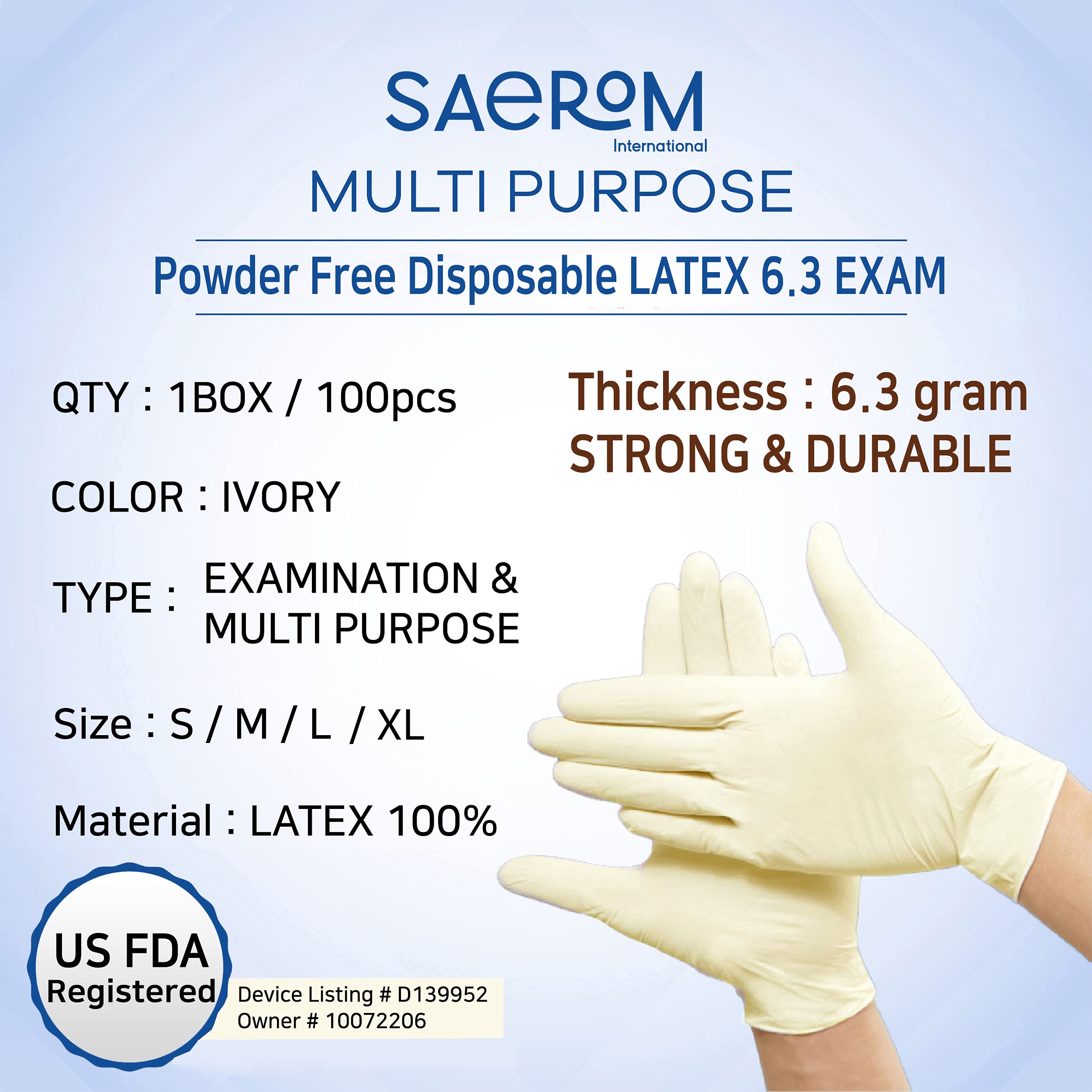 LATEX 6.3 Disposable Powder Free Gloves, Medical Grade, Multi Purpose, Heavy Duty 100pcs/Box… (L)