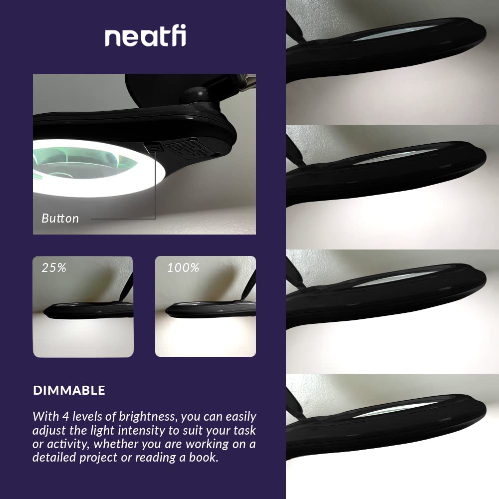 Neatfi (New Model) 1,200 Lumens Super LED Magnifying Lamp with Clamp, 8D, Dimmable, Includes Microfiber Cleaning Cloth, 5 Inch Diameter Lens for Reading, Sewing, Crafting (8 Diopter, Black)