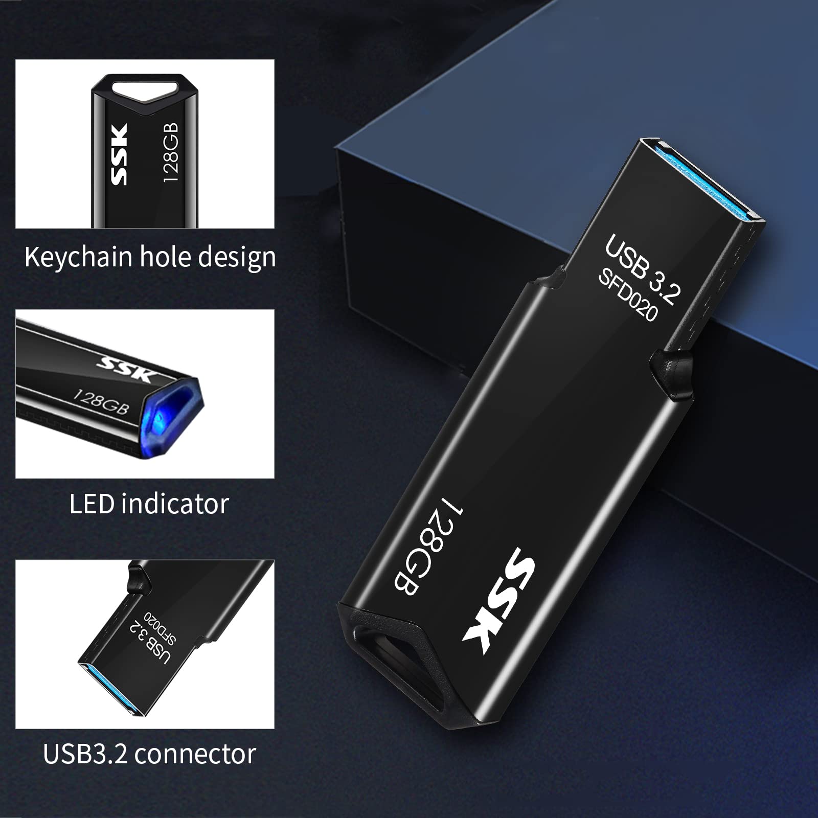 SSK 128GB USB Flash Drive Memory Stick, USB 3.2 High Speed Thumb Drive with LED Indicator, Metal Waterproof Jump PenDrive with Keychain Design for Storage and Backup