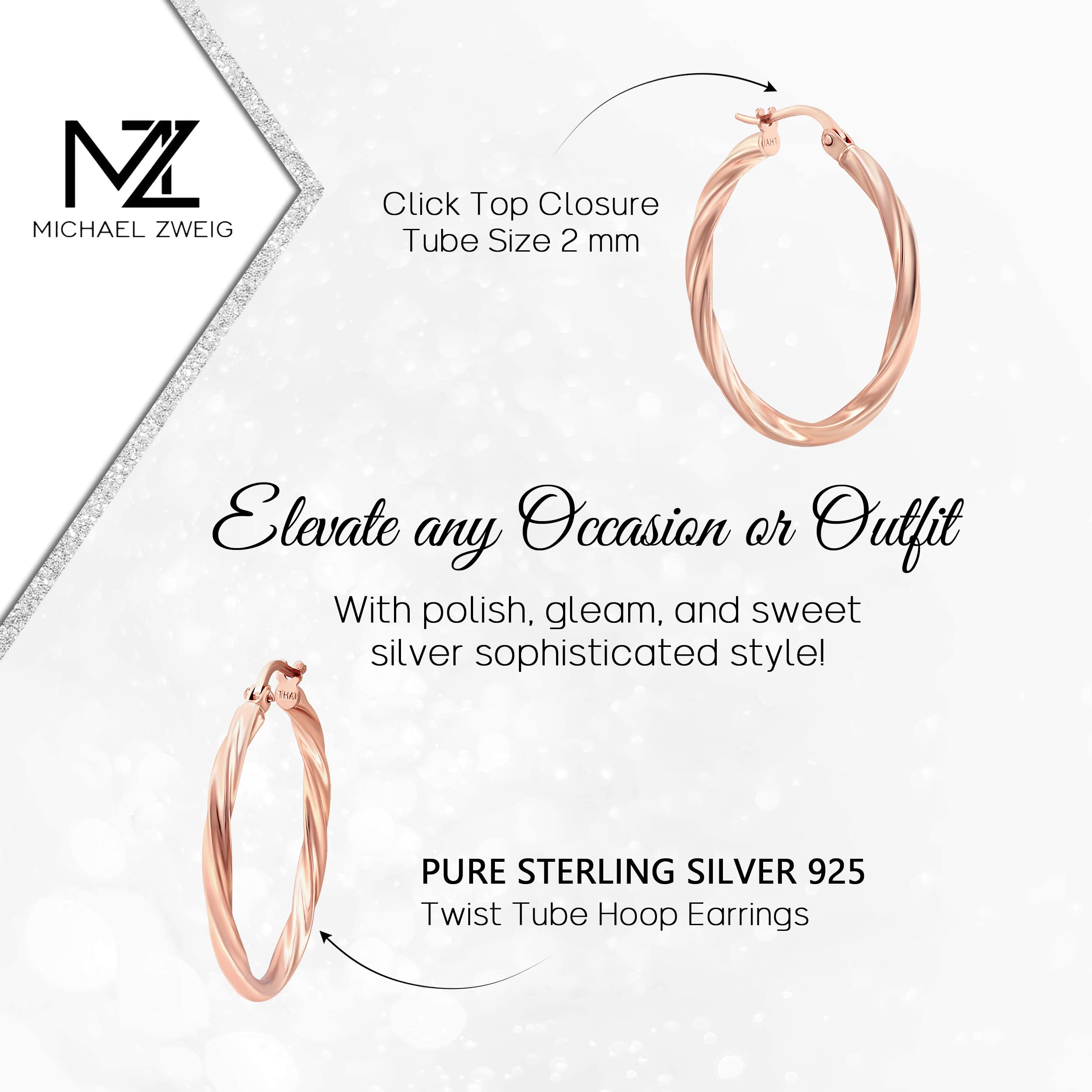 Michael Zweig Rose Gold Plated Sterling Silver Twist Hoop Earrings with Click-Top Tube Size 2.0mm Hoops Outside Diameter 30mm