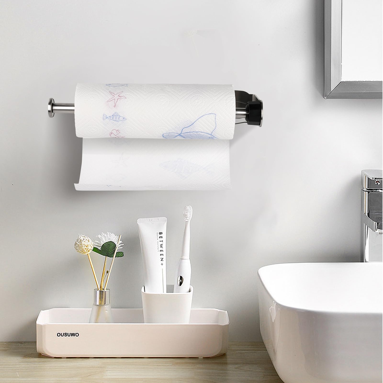 Paper Towel Holder Under Cabinet, Wall Mount, 2 Pack Single Hand Operable, with Damping Effect, Bend-Resistant, Self-Adhesive or Drill Mounting for Kitchen Bathroom, Black+Silver