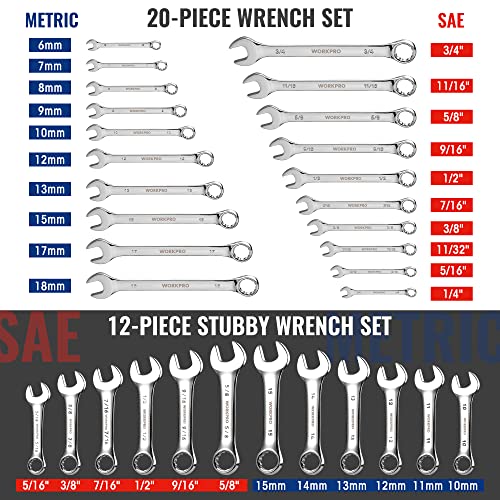 WORKPRO 32-Piece SAE & Metric Combination Wrench Set, 12 PT Regular and Stubby Wrenches set with Organizer Tray, Cr-V Steel Mirror Chrome Polished