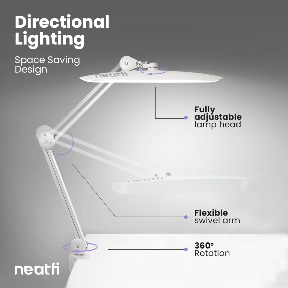 Neatfi XL 2,200 Lumens LED Task Lamp, 24W Super Bright Desk Lamp, 117 Pcs SMD LED, 4 Level Brightness, Dimmable, Task LED Light for Home, Office, Workbench (Non-CCT, White)