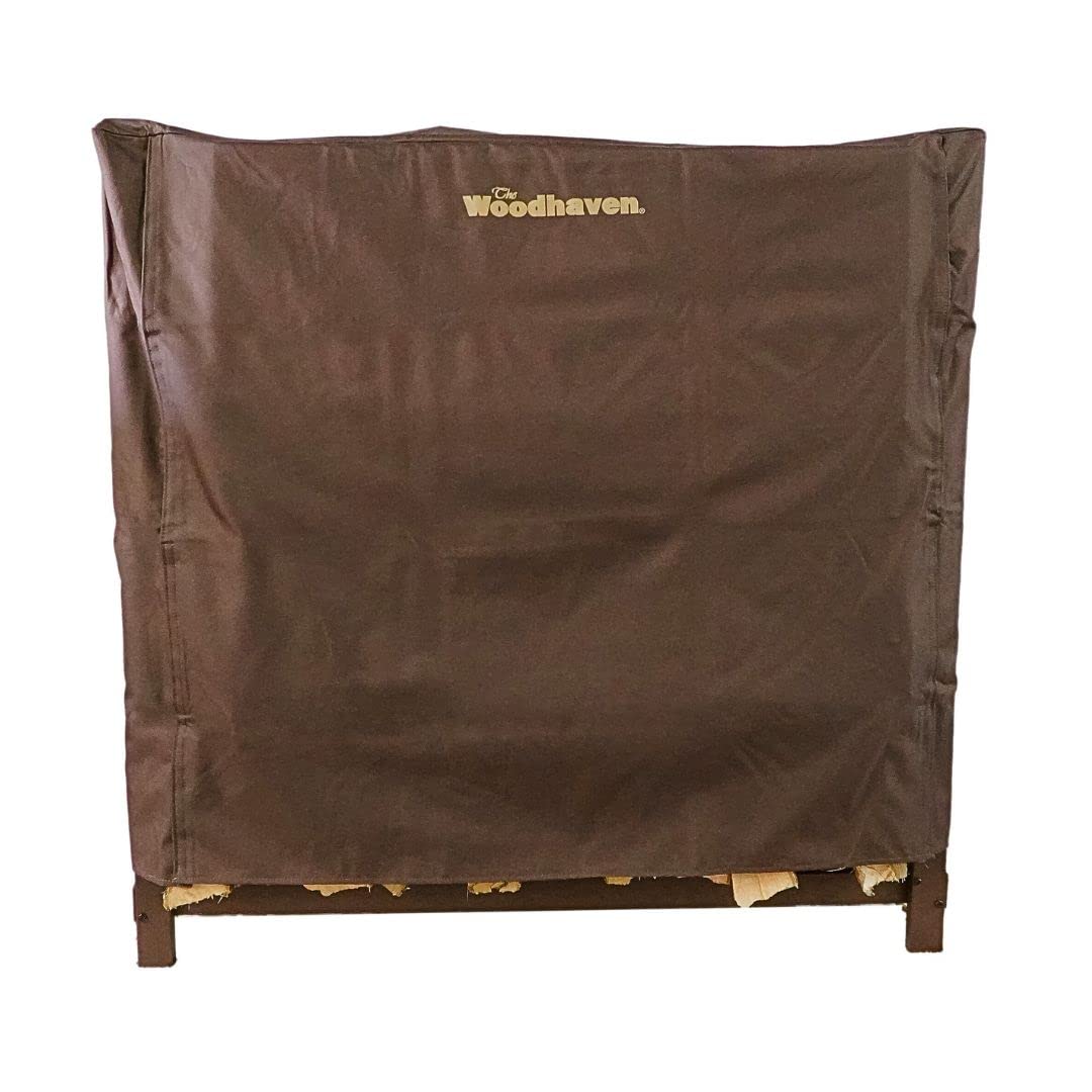 Woodhaven 4 Foot Waterproof Full Cover - Covers 1/4 Cord Outdoor Firewood Rack - Reinforced Vinyl With Velcro Straps - Keeps Logs Dry (Brown)